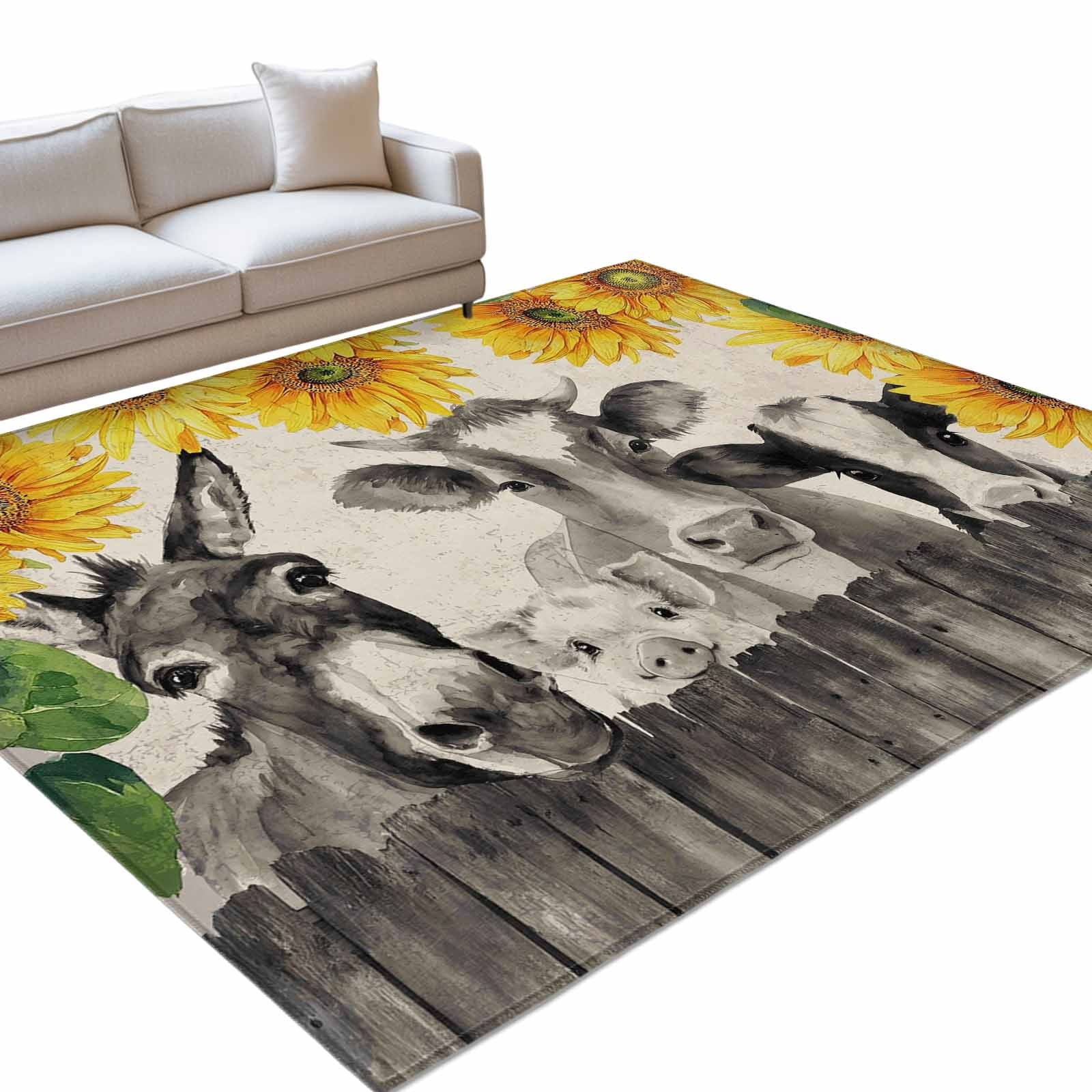 Grey Farm Animals Washable Rug 5x7 Area Rug for Living Room Bedroom Non ...