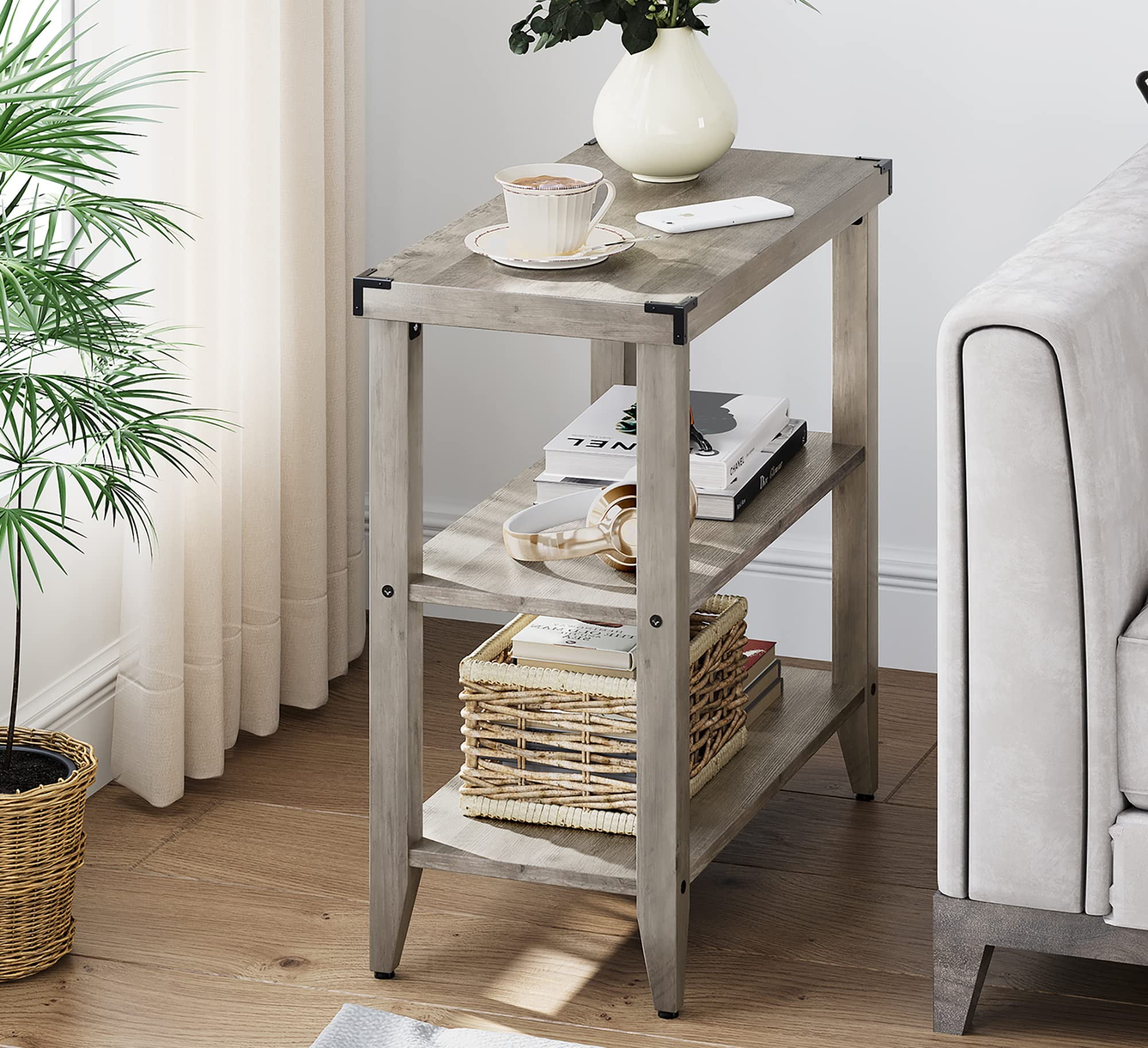 Grey Farmhouse End Table, 3 Tier Rustic Side Table, Narrow Sofa Table ...