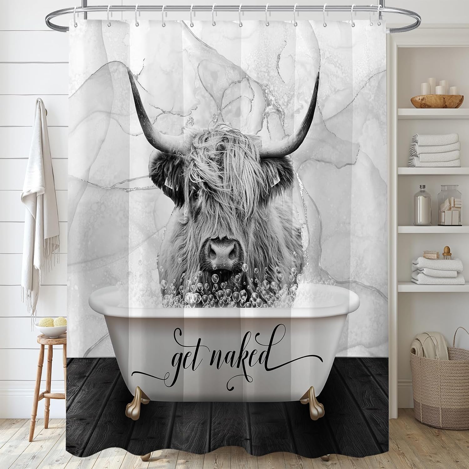 Grey Farmhouse Highland Cow Shower Curtain,Grey Marble Bathroom Shower ...