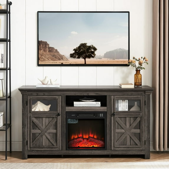 Grey Farmhouse TV Stand with 6 Cable Cutouts and Fireplace for ...