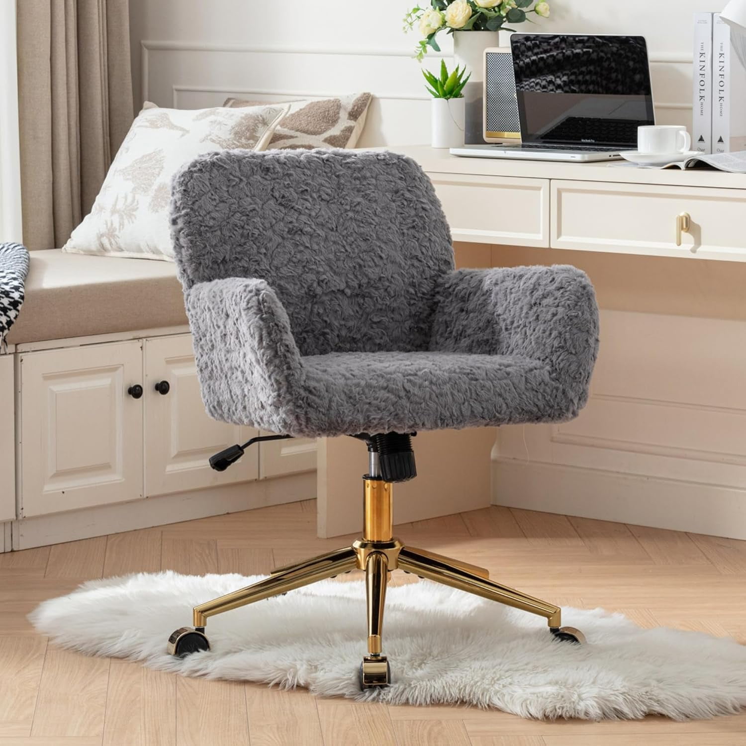 Grey Faux Fur Cute Desk Chair, Modern Furry Office Desk Chair, Faux Fur ...