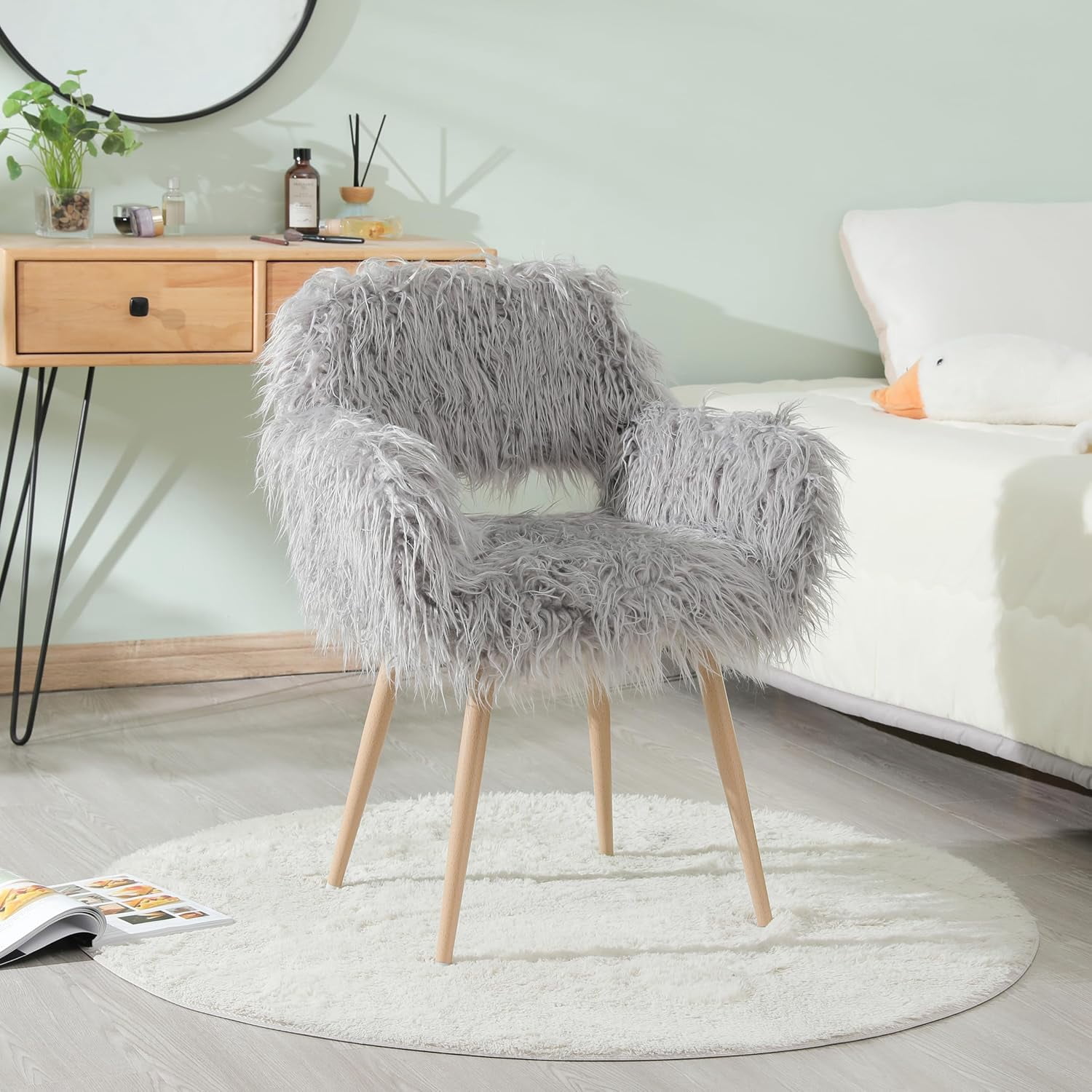 Grey Faux Fur Desk Chair with Wood-Like Metal Legs,Furry Makeup Vanity ...