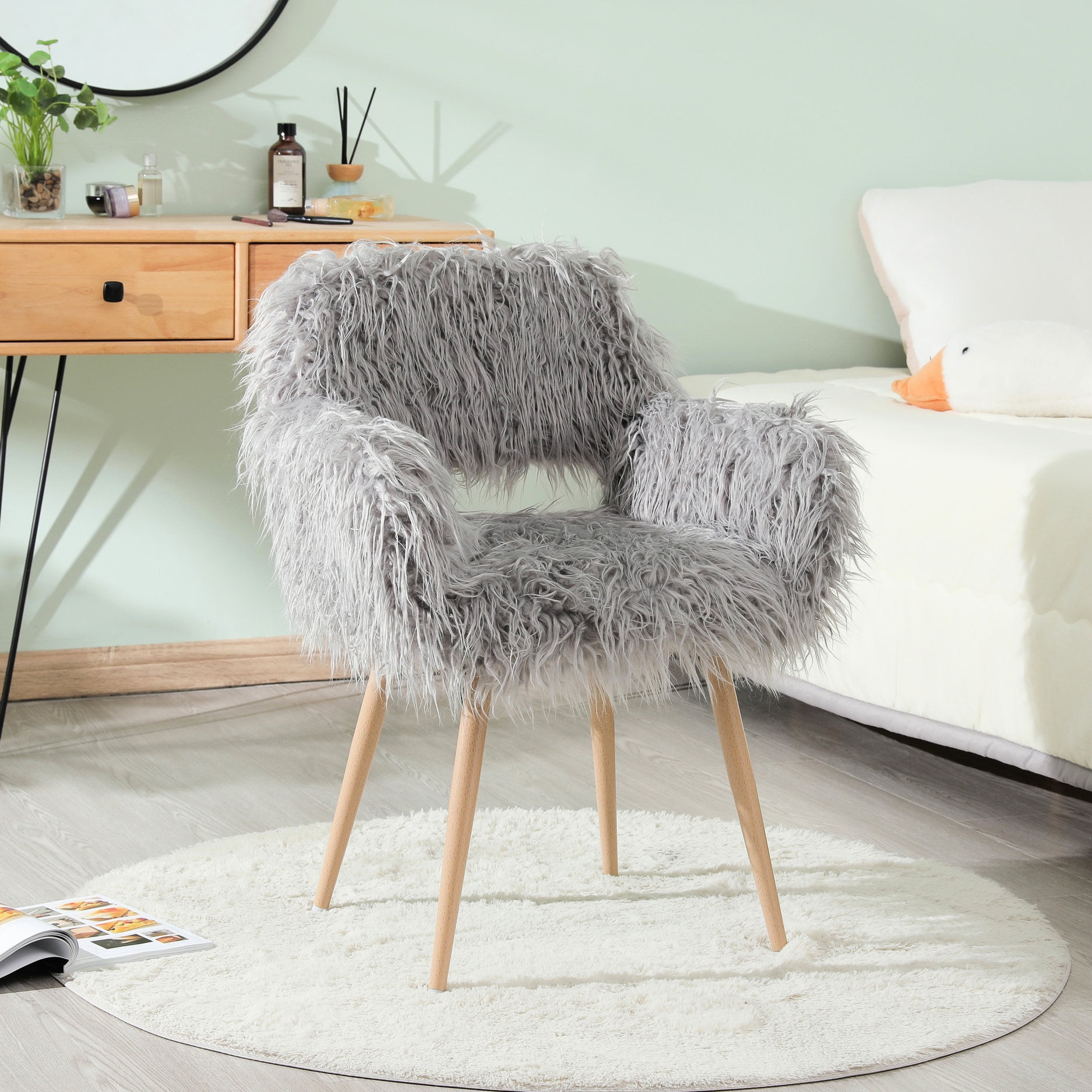 Grey Faux Fur Dining Chair with Cushioned Seat and Back for Elegant ...