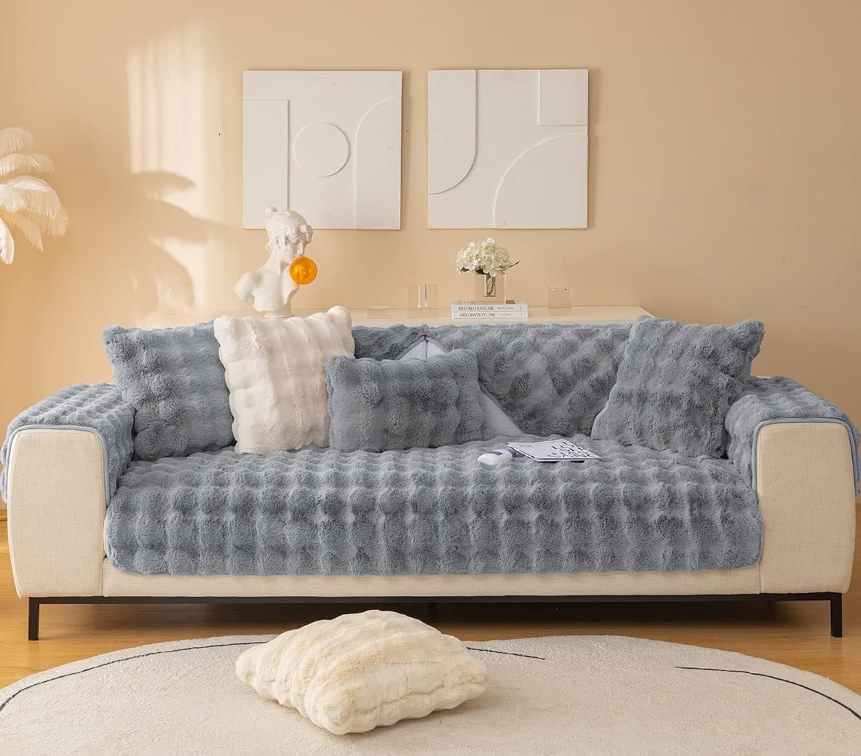 Grey Faux Fur Fleece Sofa Cover Soft Cozy Fluffy Plush Bubble Couch ...