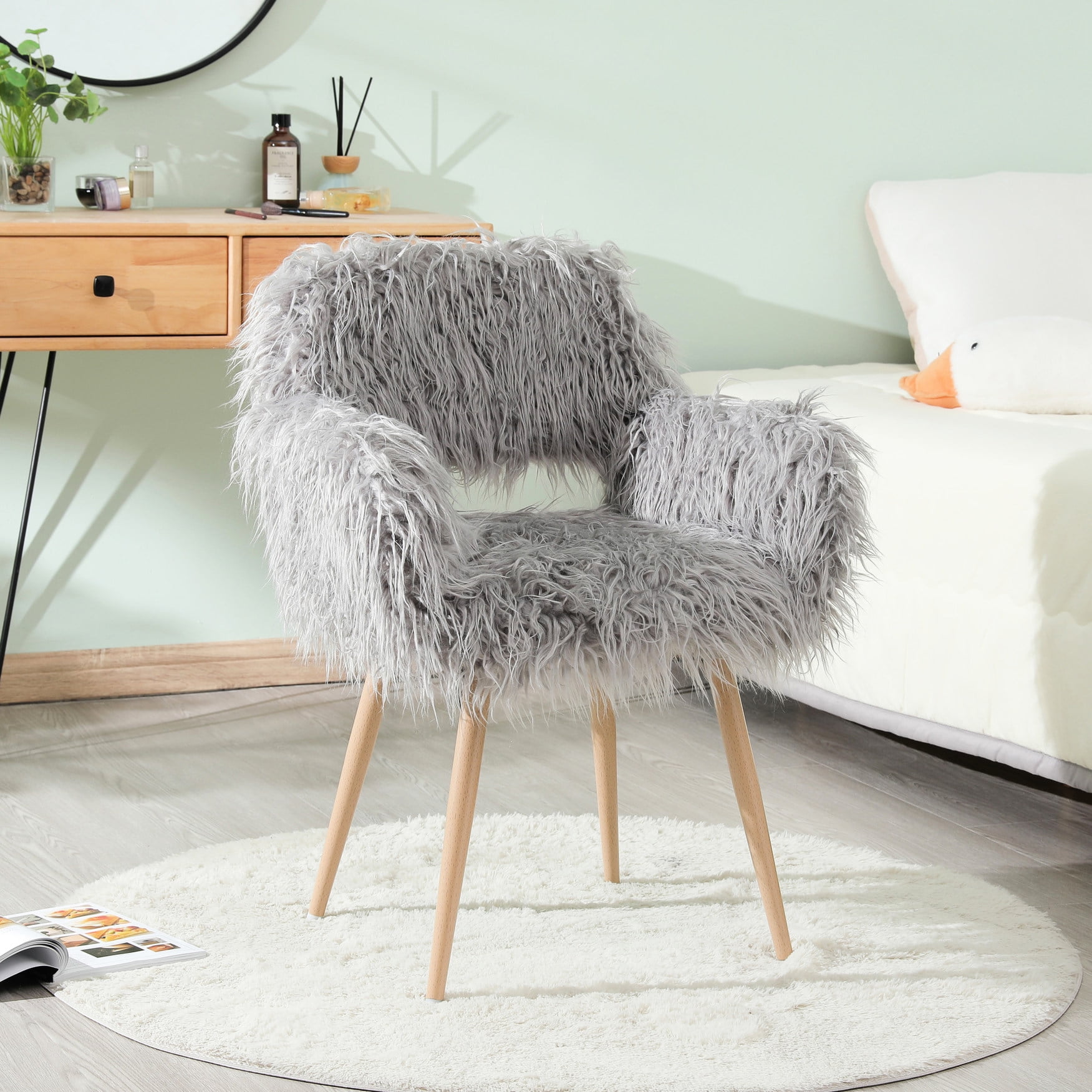 Grey Faux Fur Upholstered Side Dining Chair | Suitable for Dining and ...