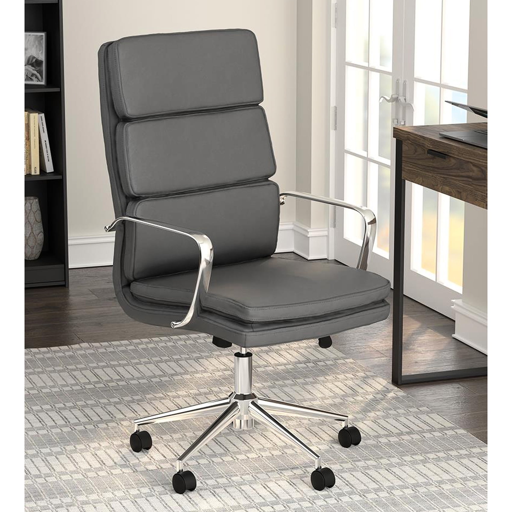 Grey Faux Leather Office Chair with Chrome Finish, Horizontal Stitching ...