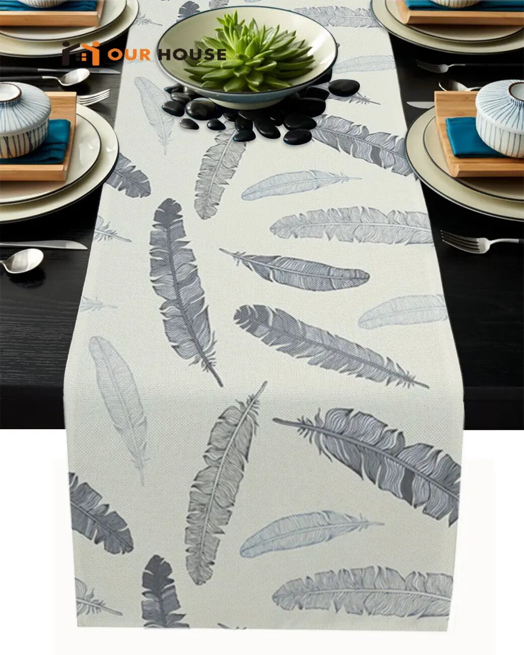 Grey Feather Retro Beige Festival Table Runners Wedding Party Decor ...