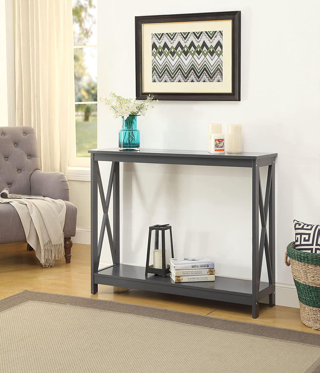 Grey Finish 3-Tier X-Design Occasional Console Sofa Table with Shelf ...