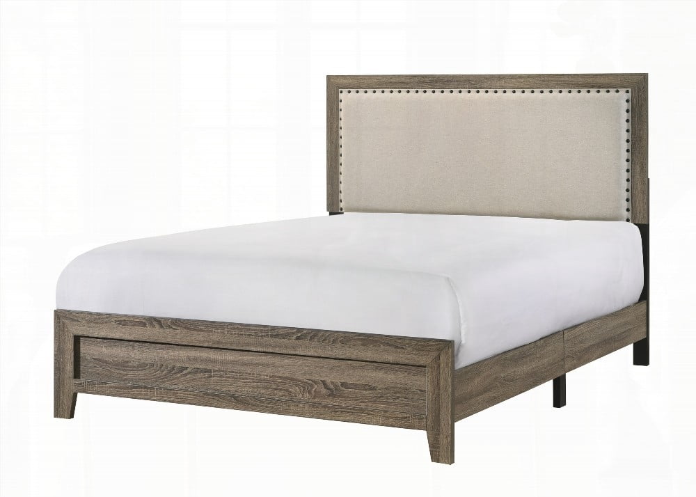 Grey Finish Fabric Upholstered Full Size Headboard with Tufted Nailhead ...