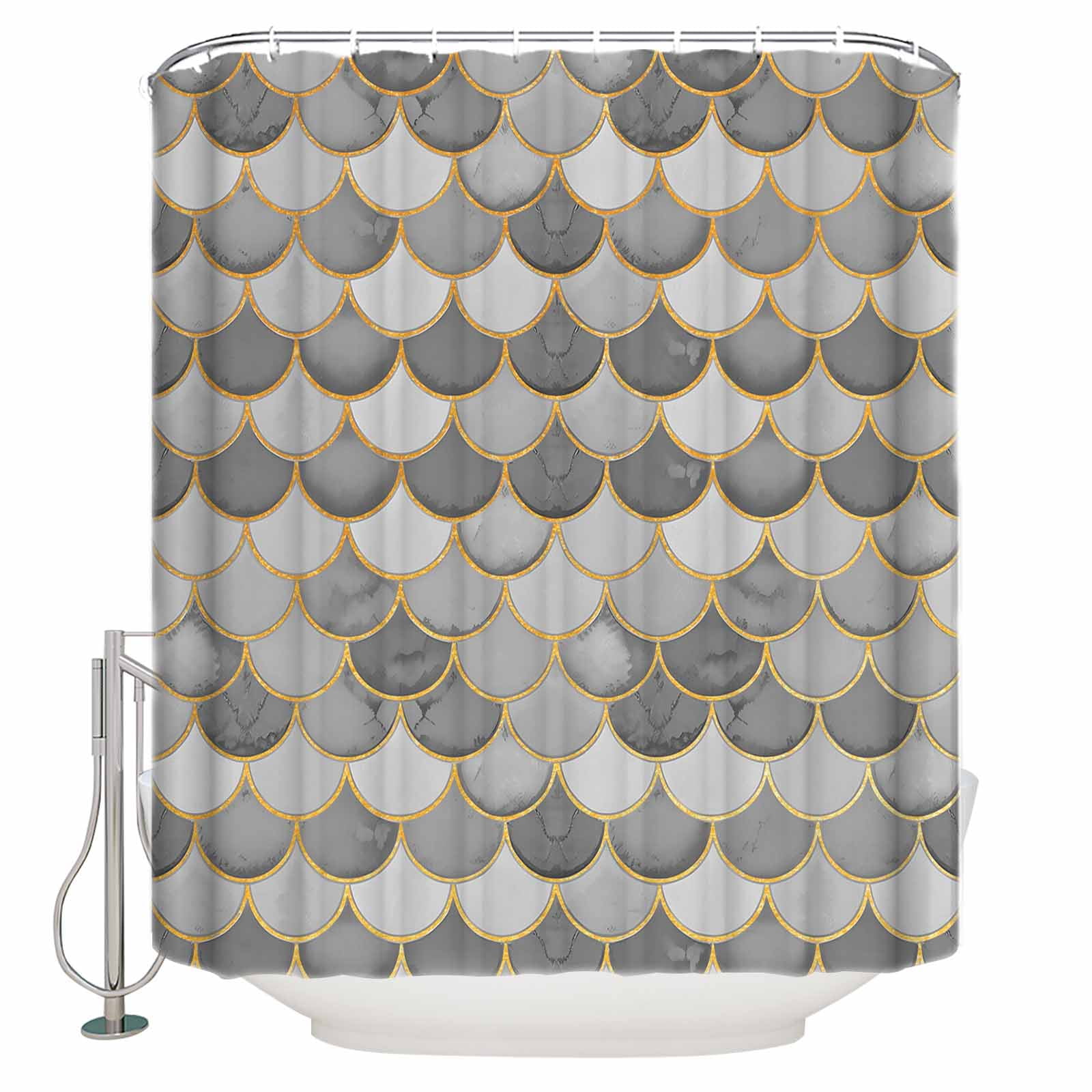 Grey Fish Scale Bathroom Shower Curtains with 12 Hooks Polyester ...