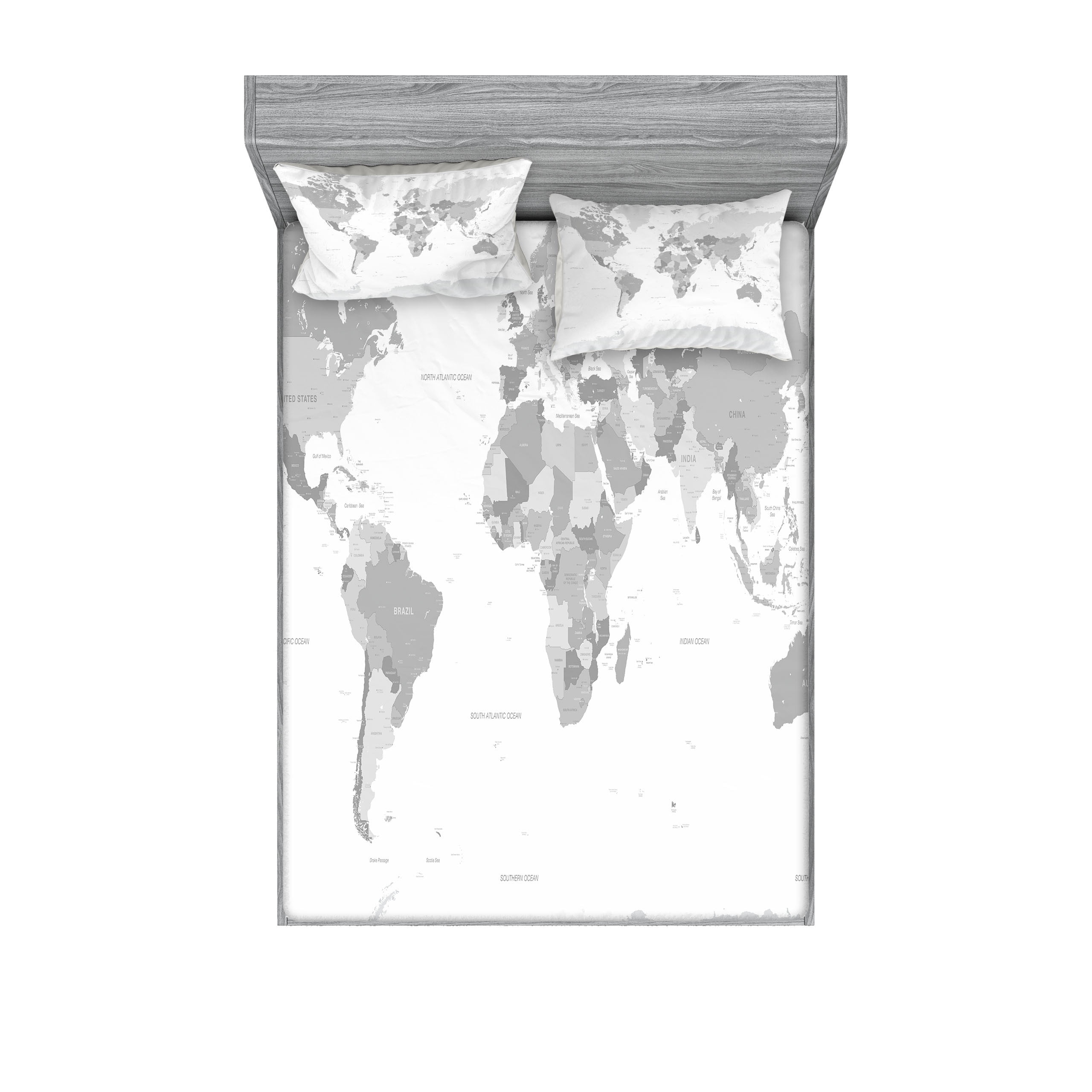 Grey Fitted Sheet & Pillow Sham Set, Detailed World Map with All ...