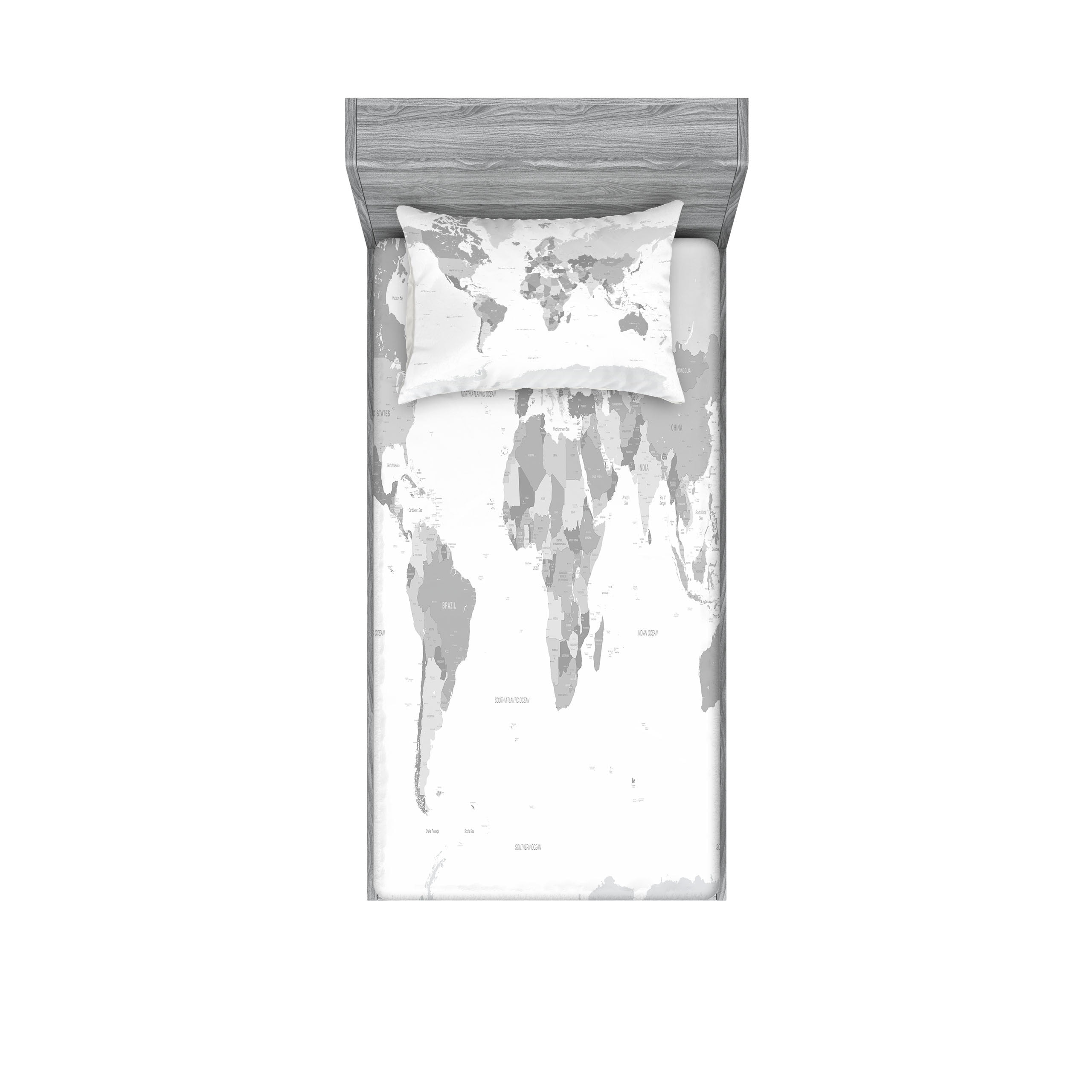 Grey Fitted Sheet & Pillow Sham Set, Detailed World Map with All ...