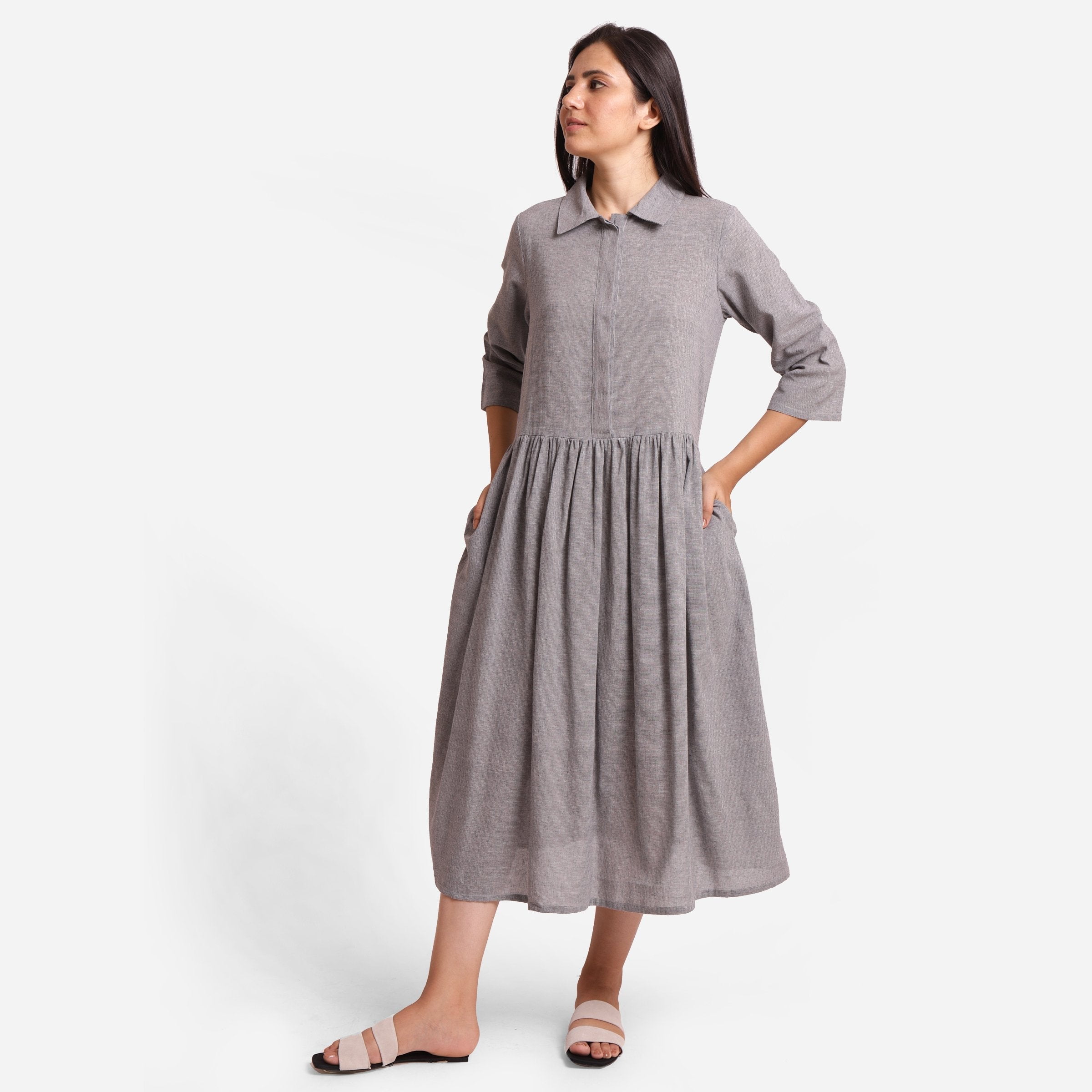 Grey Flat Collar Cotton Gathered Midi Dress - Walmart.com