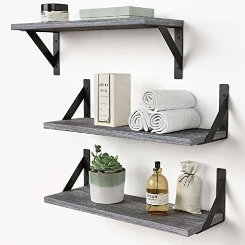 Grey Floating Shelves for Wall Decor Set of 3, Floating Book Shelves ...