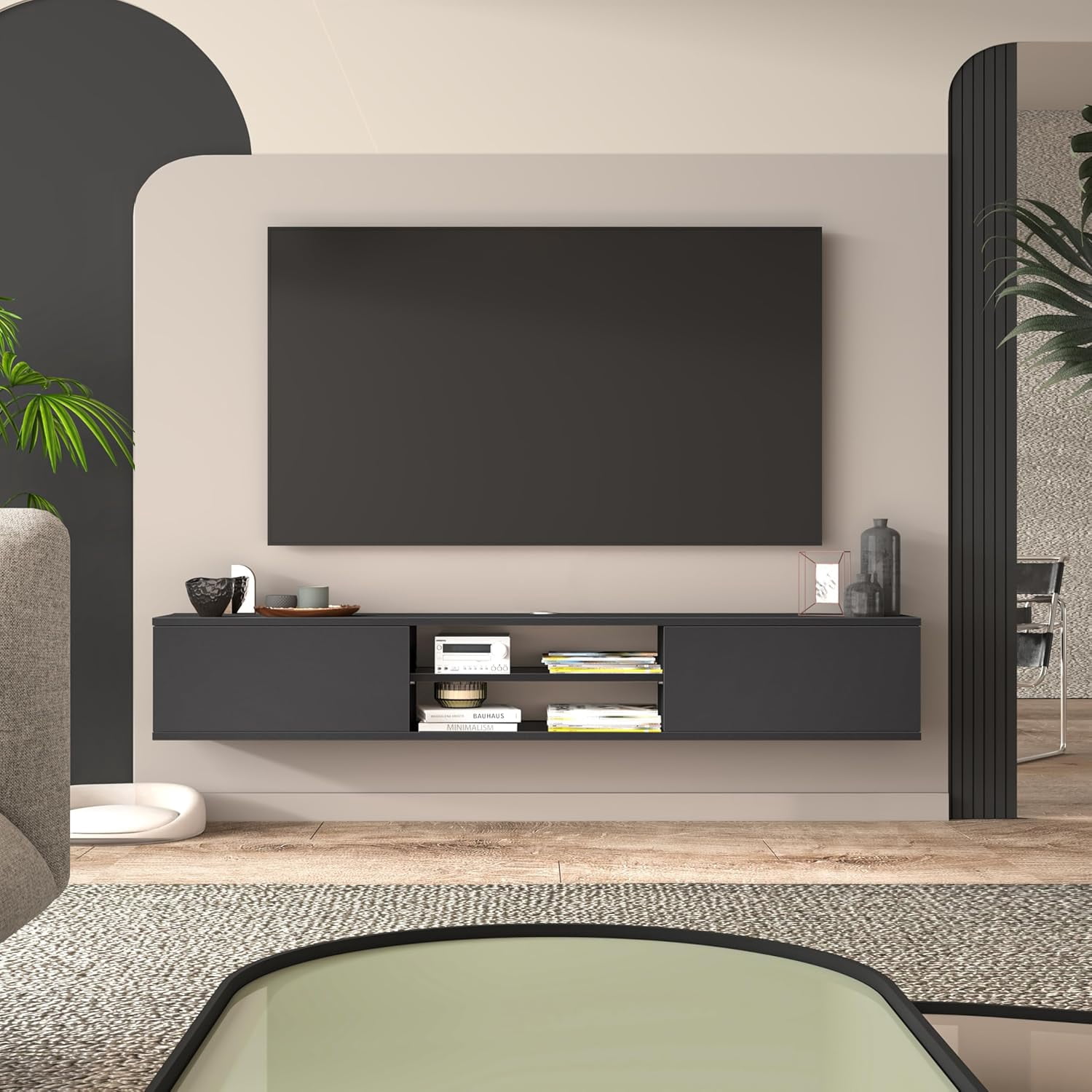 Grey Floating TV Stand Under TV Shelf, Wall Mounted Shelf, Modern ...