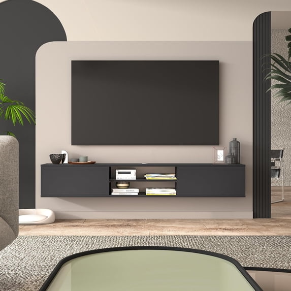 Grey Floating TV Stand Under TV Shelf, Wall Mounted Shelf, Modern ...