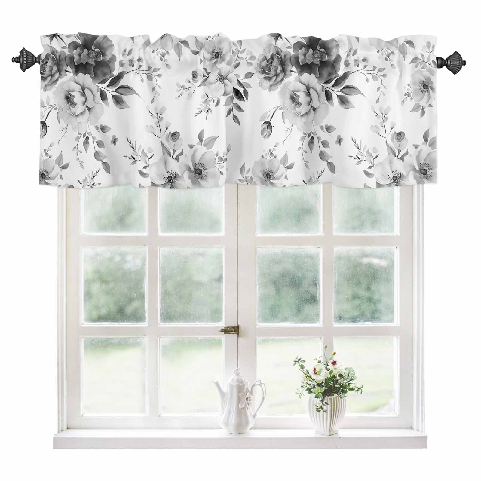 Grey Floral Art Kitchen Valances for Windows 42x12 Inch Kitchen ...