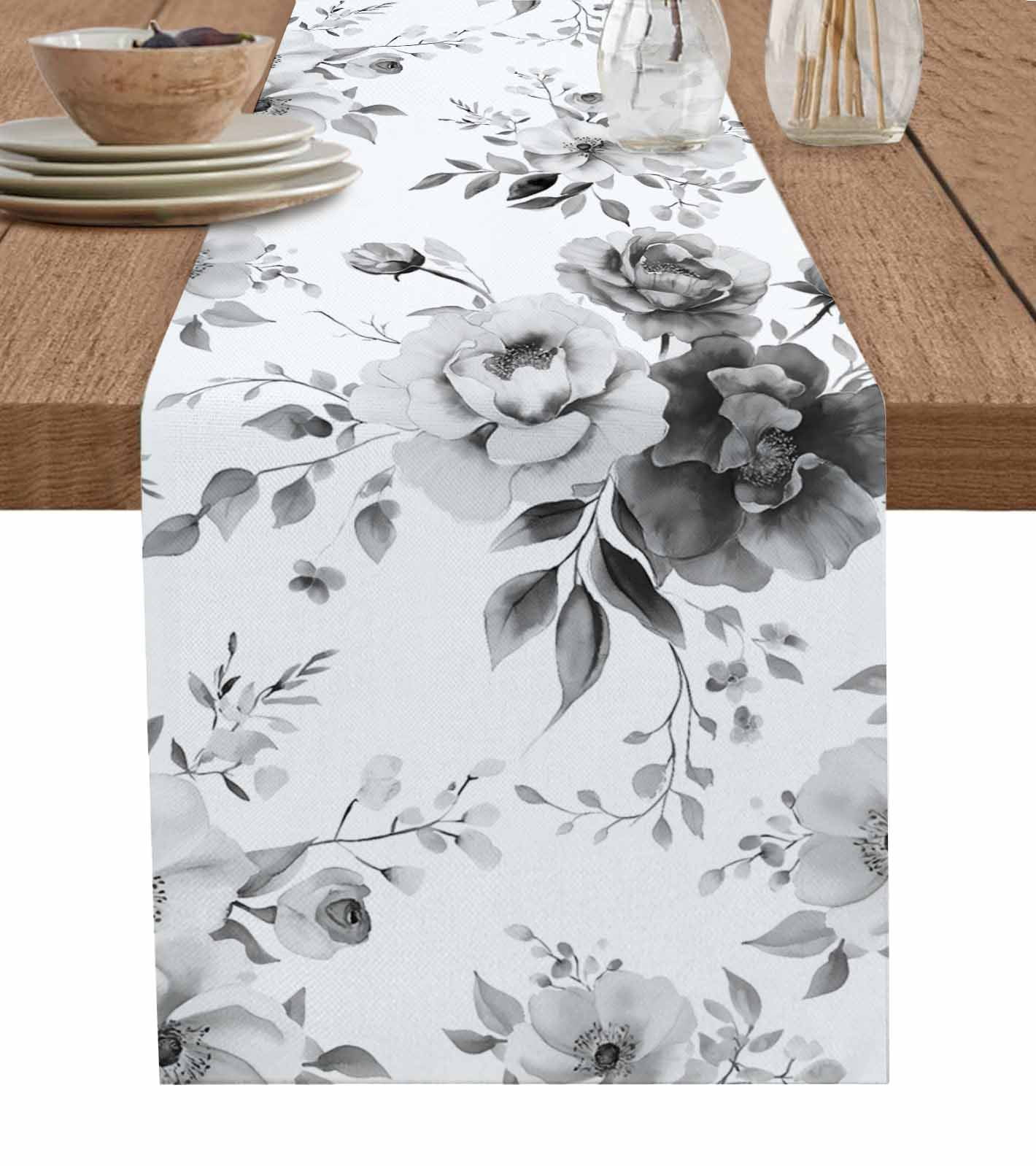 Grey Floral Art Table Runner Watercolor Botanical Spring Flowers ...