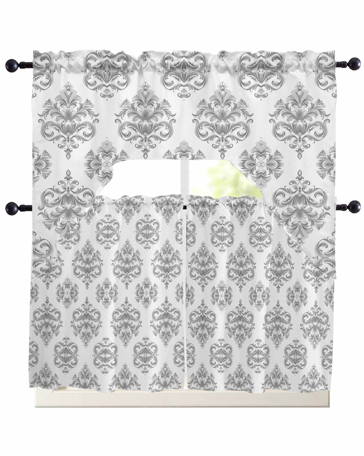 Grey Floral Boho Kitchen Curtains Swag Valance and Tier Curtains Set 36 ...