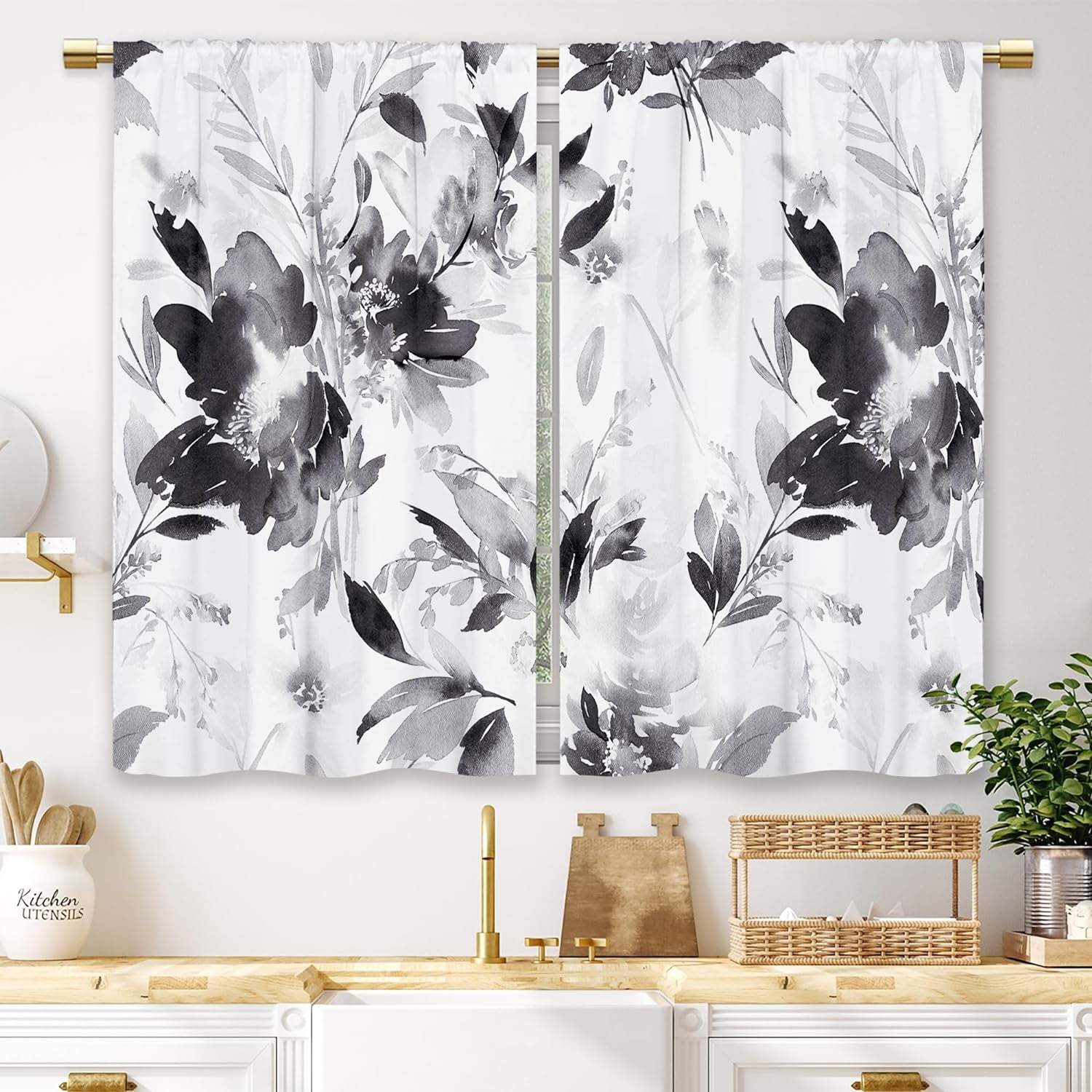 Grey Floral Kitchen Curtains Flower Watercolor Blossom Small Short Cafe ...