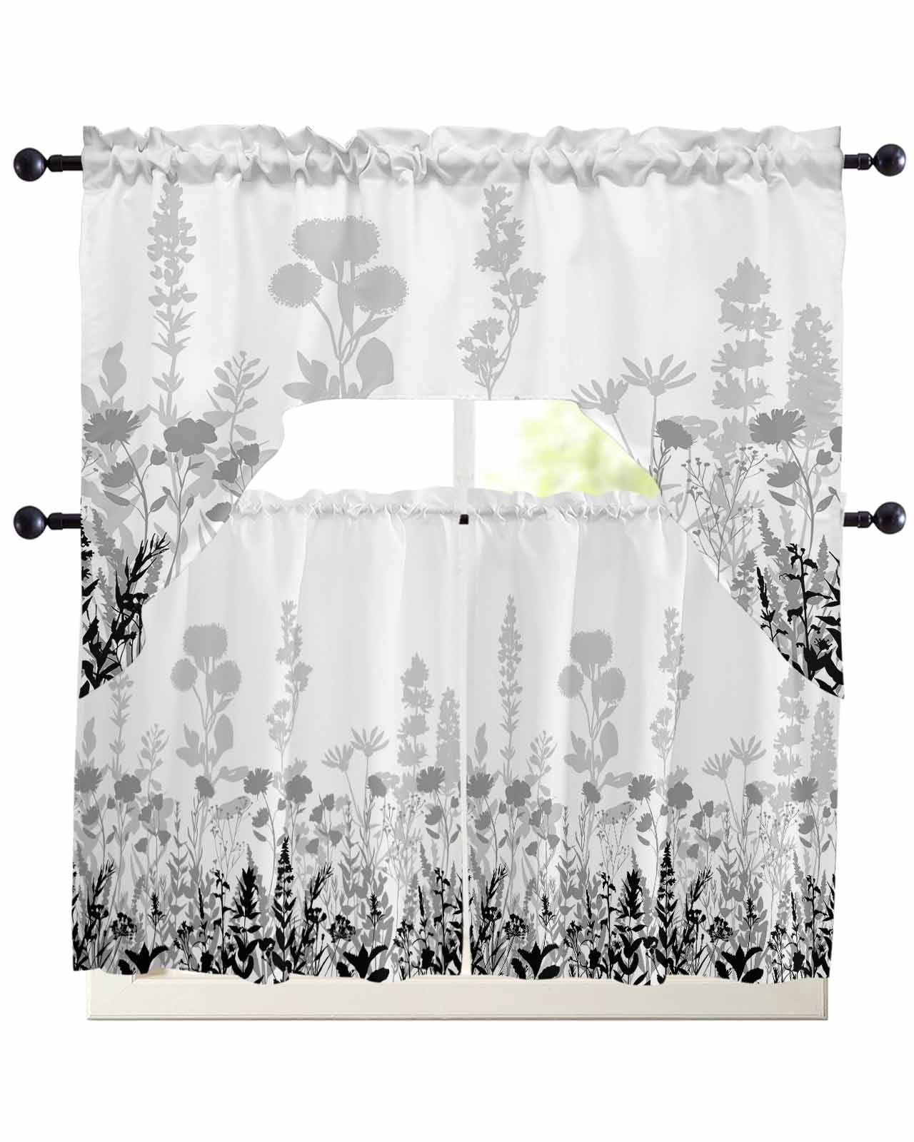Grey Floral Rustic Kitchen Curtains Swag Valance and Tier Curtains Set ...