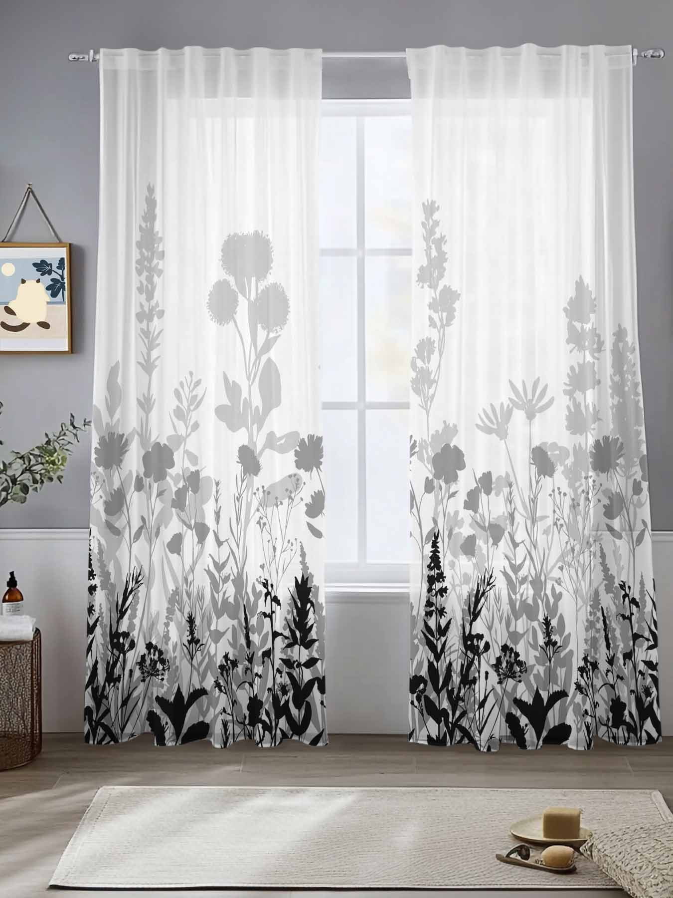 Grey Floral Rustic Sheer Curtains for Living Room Bedroom Spring ...