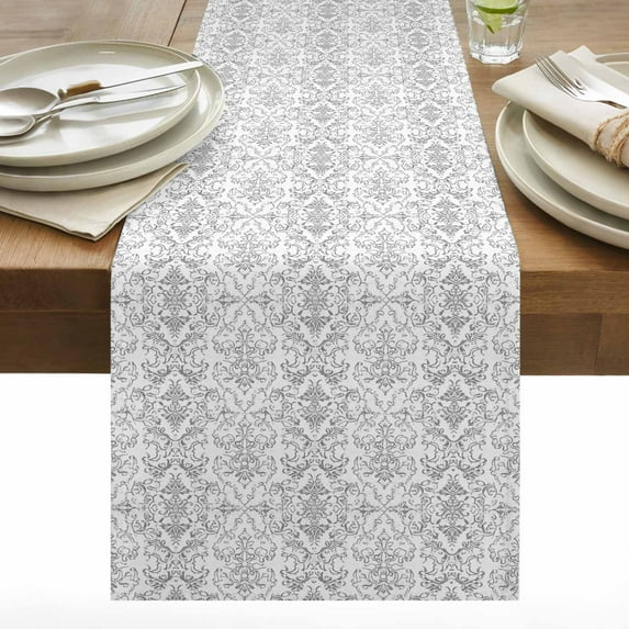 Grey Floral Table Runner 13x120 inch Ethnic Middle East Cotton Linen ...