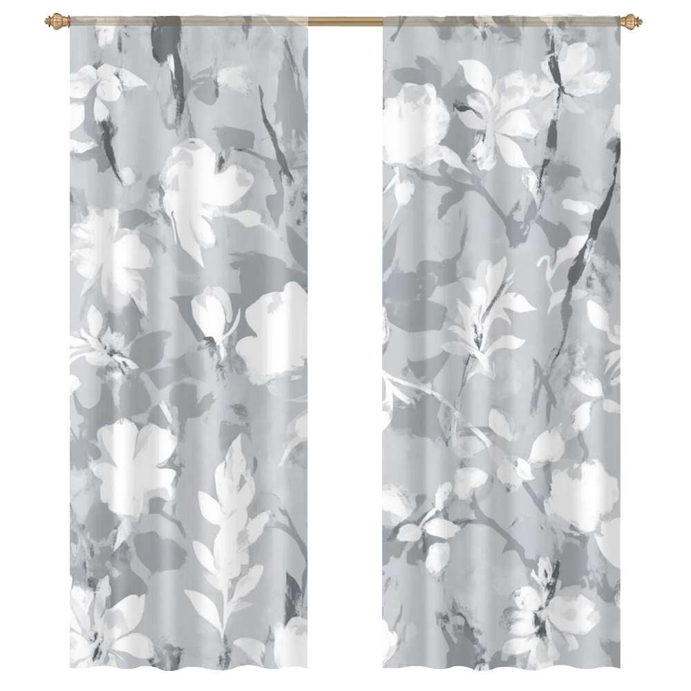 Grey Floral Watercolor Pattern Modern Tulle Window Curtains for Living ...