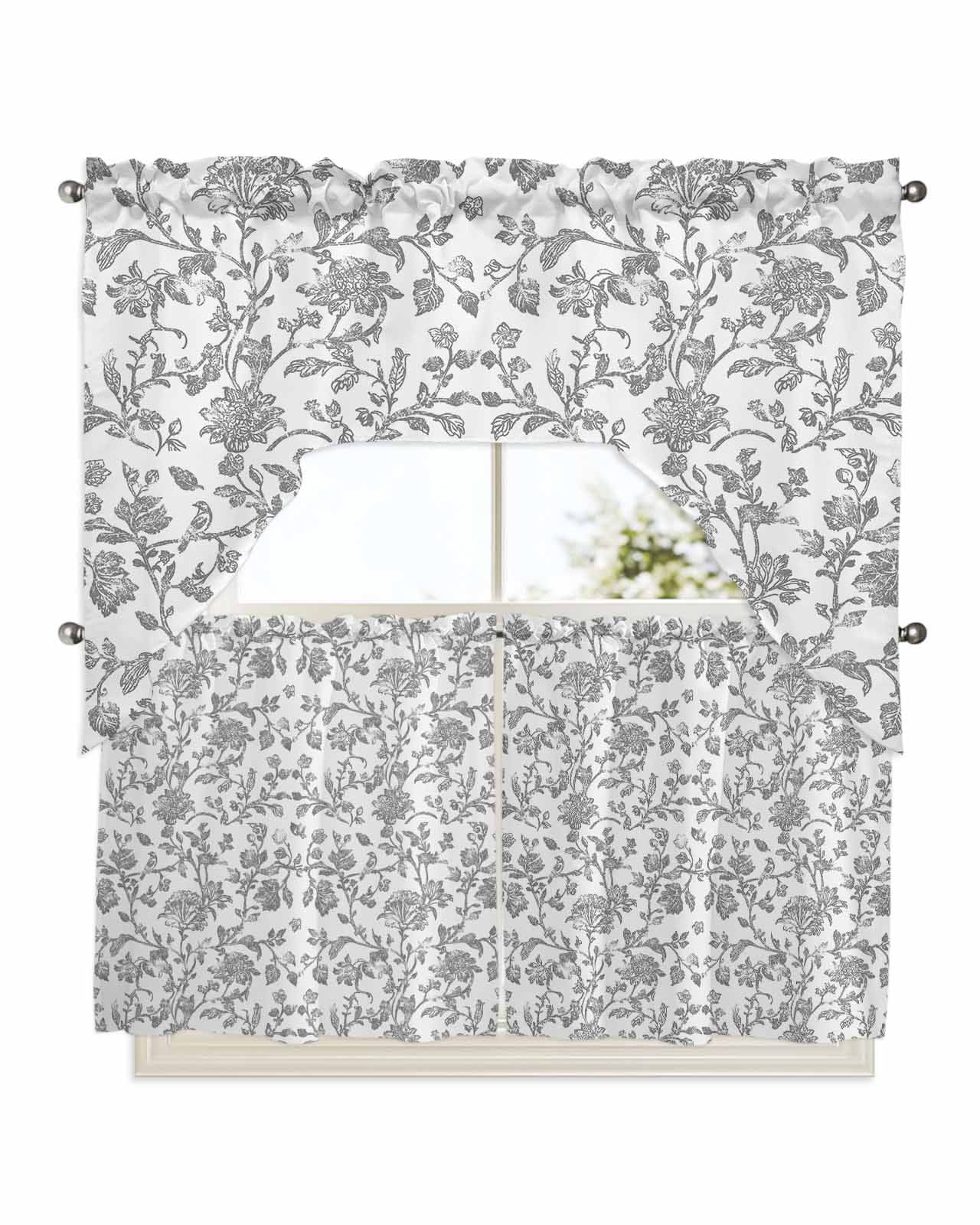 Grey Flower Kitchen Curtains Swag Valance and Tier Curtains Set 24 Inch ...