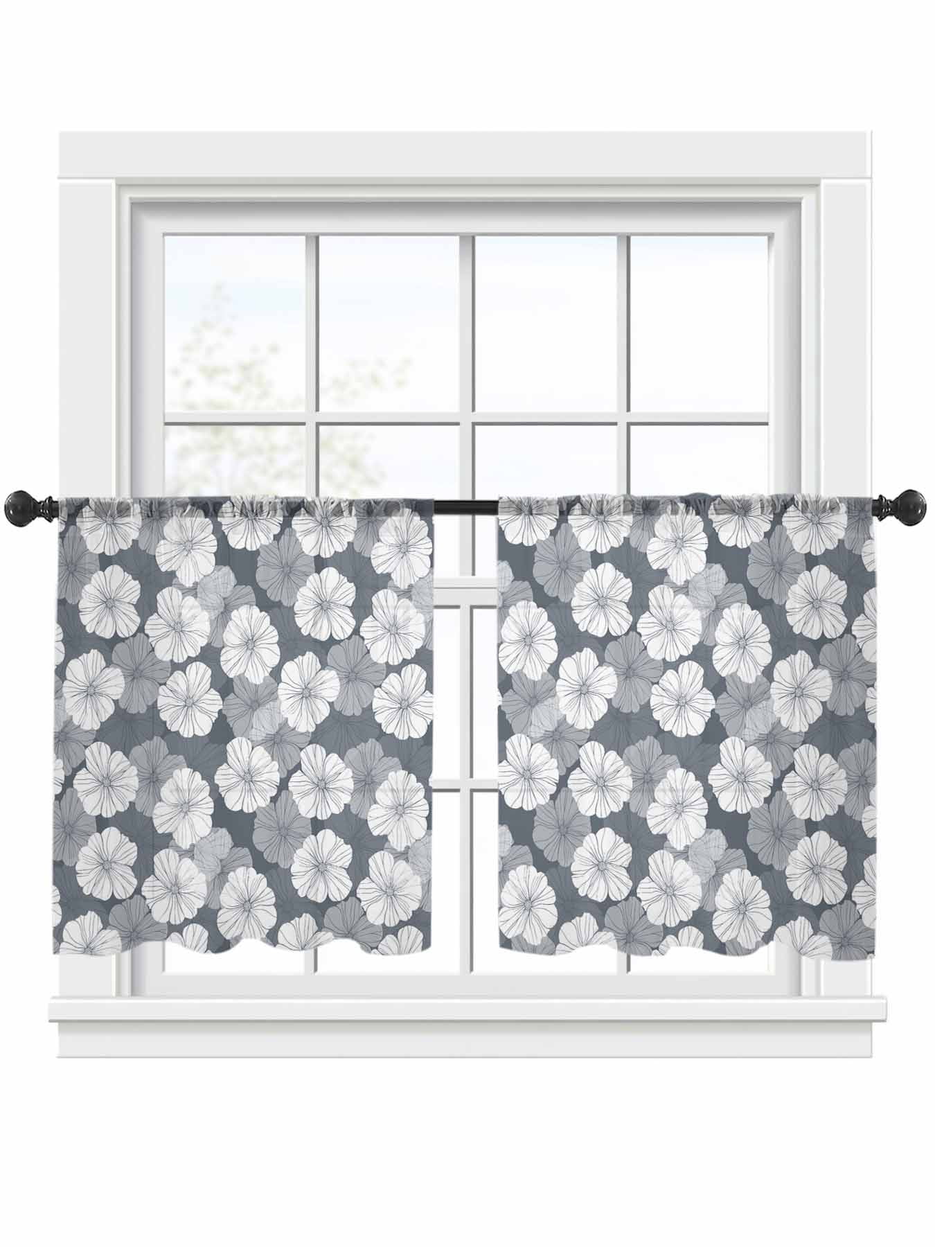 Grey Flower Sheer Curtains 2 Panels Set Retro Country Farmhouse Light ...