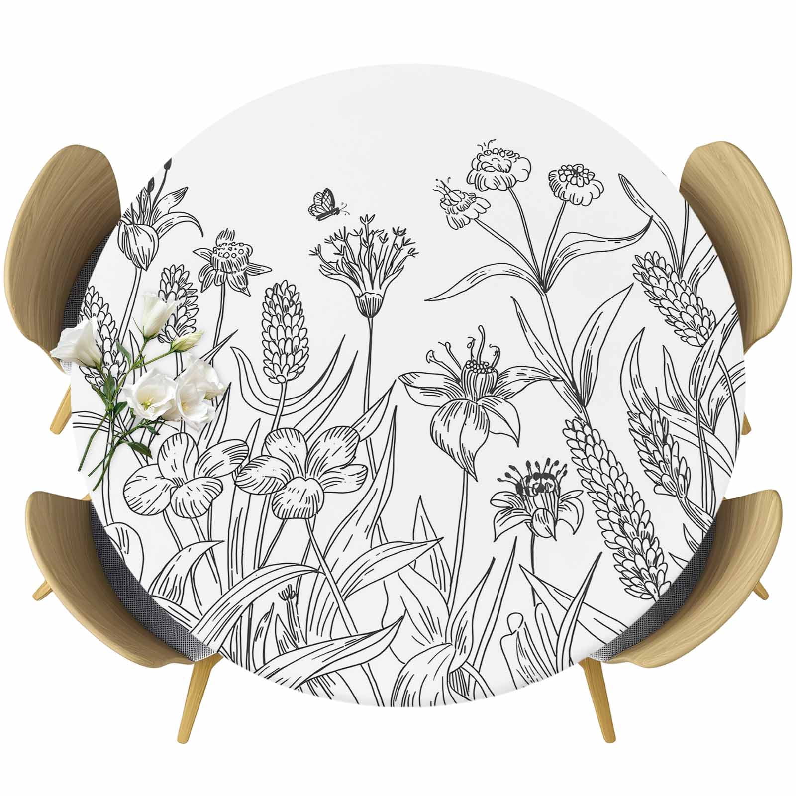 Grey Flowers Round Tablecloth, Fitted Table Cover with Elastic for 36 ...
