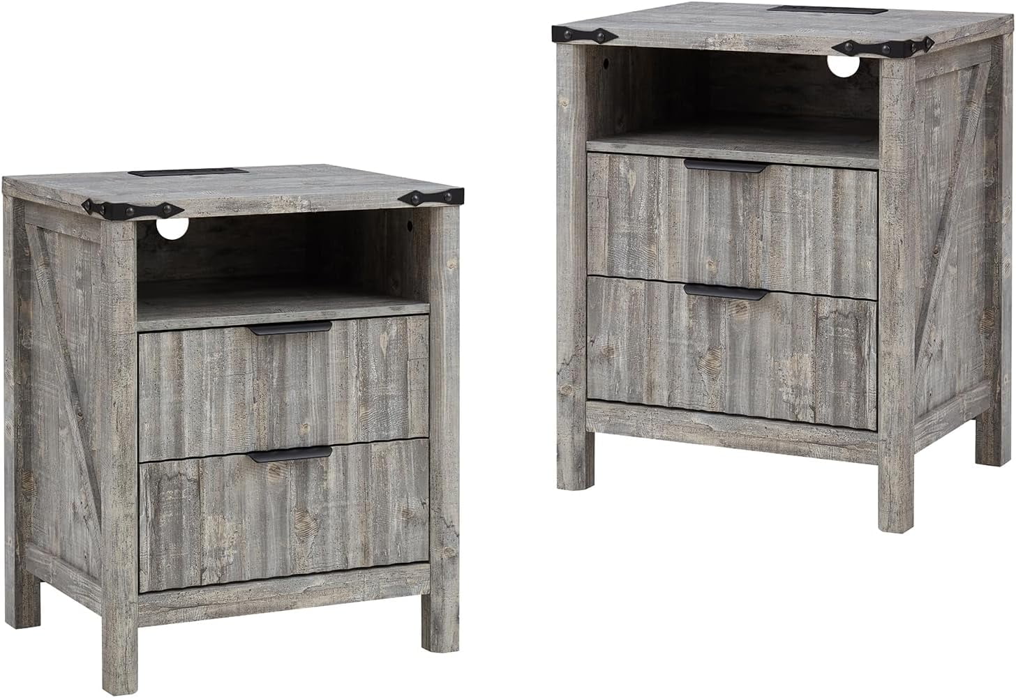 Grey Fluted Night Stand Set of 2, 18" Nightstand with with Charging ...