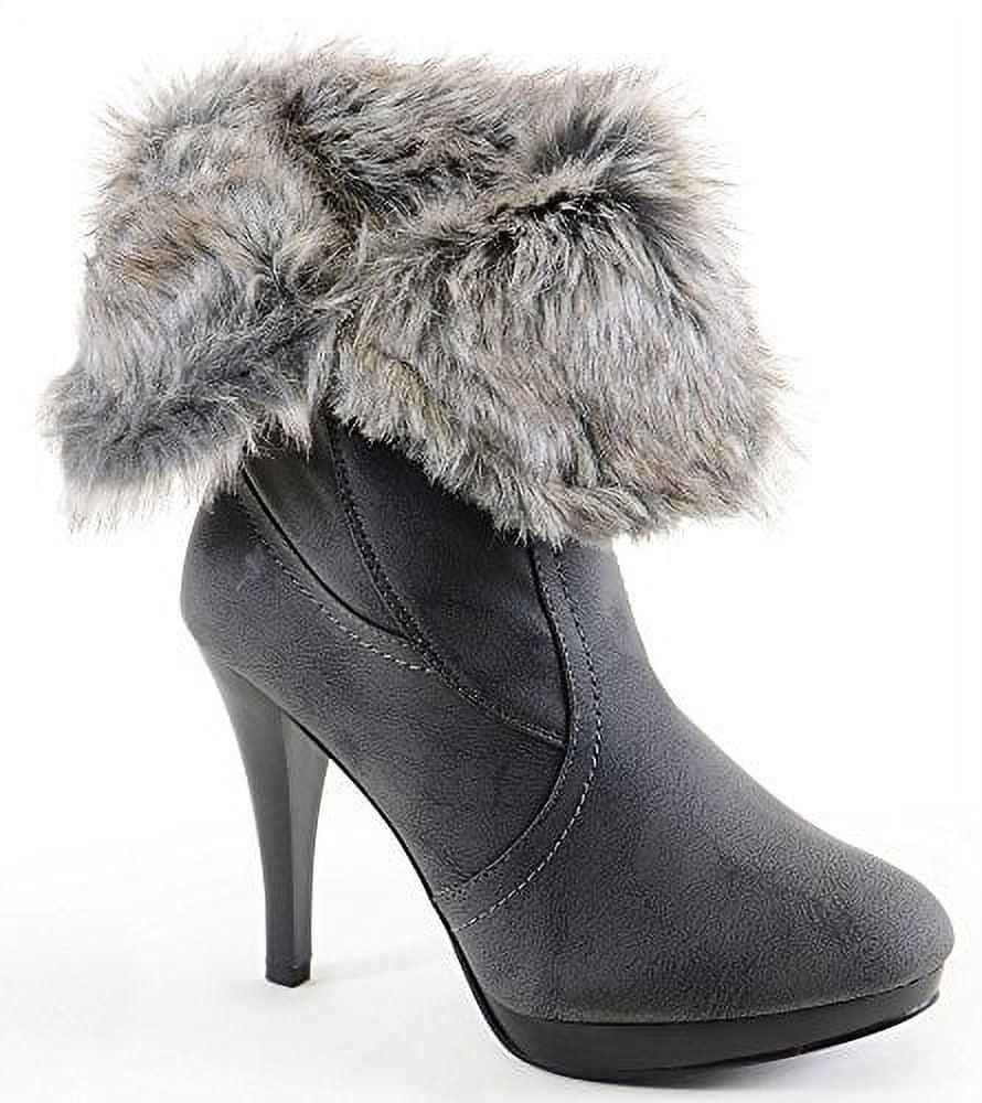 Grey Fold Over Faux Leather Fur Lined Heel Ankle Warm Women's Boots ...