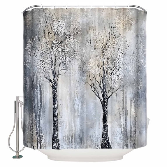 Grey Forest Bathroom Shower Curtains with 12 Hooks Polyester Waterproof ...
