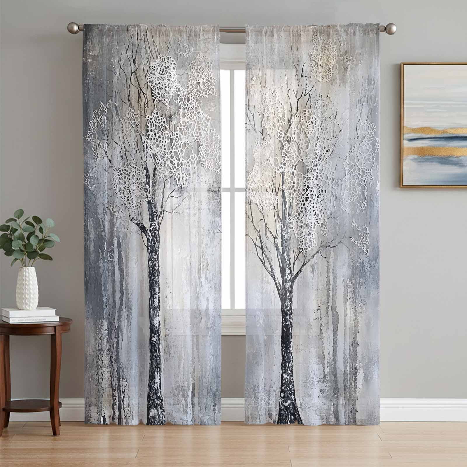 Grey Forest Sheer Curtains 72 Inch Length 2 Panels Set, Abstract ...