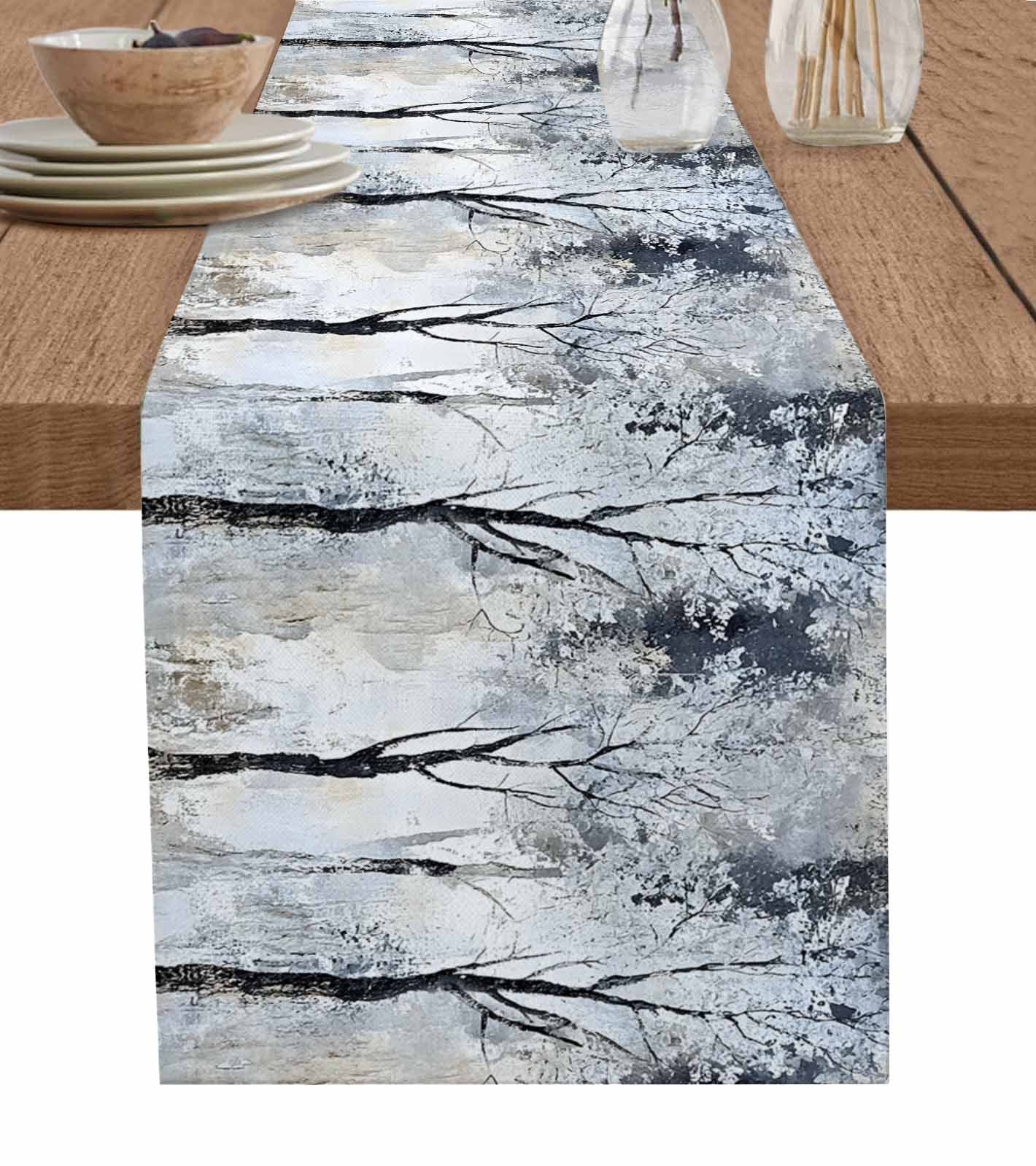 Grey Forest Table Runner 36 Inches, Abstract Vintage Oil Painting Trees ...