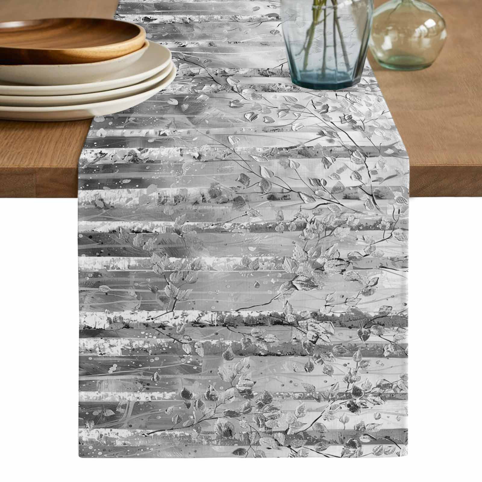 Grey Forest Table Runner, Modern Oil Painting Art Washable Cotton Linen ...