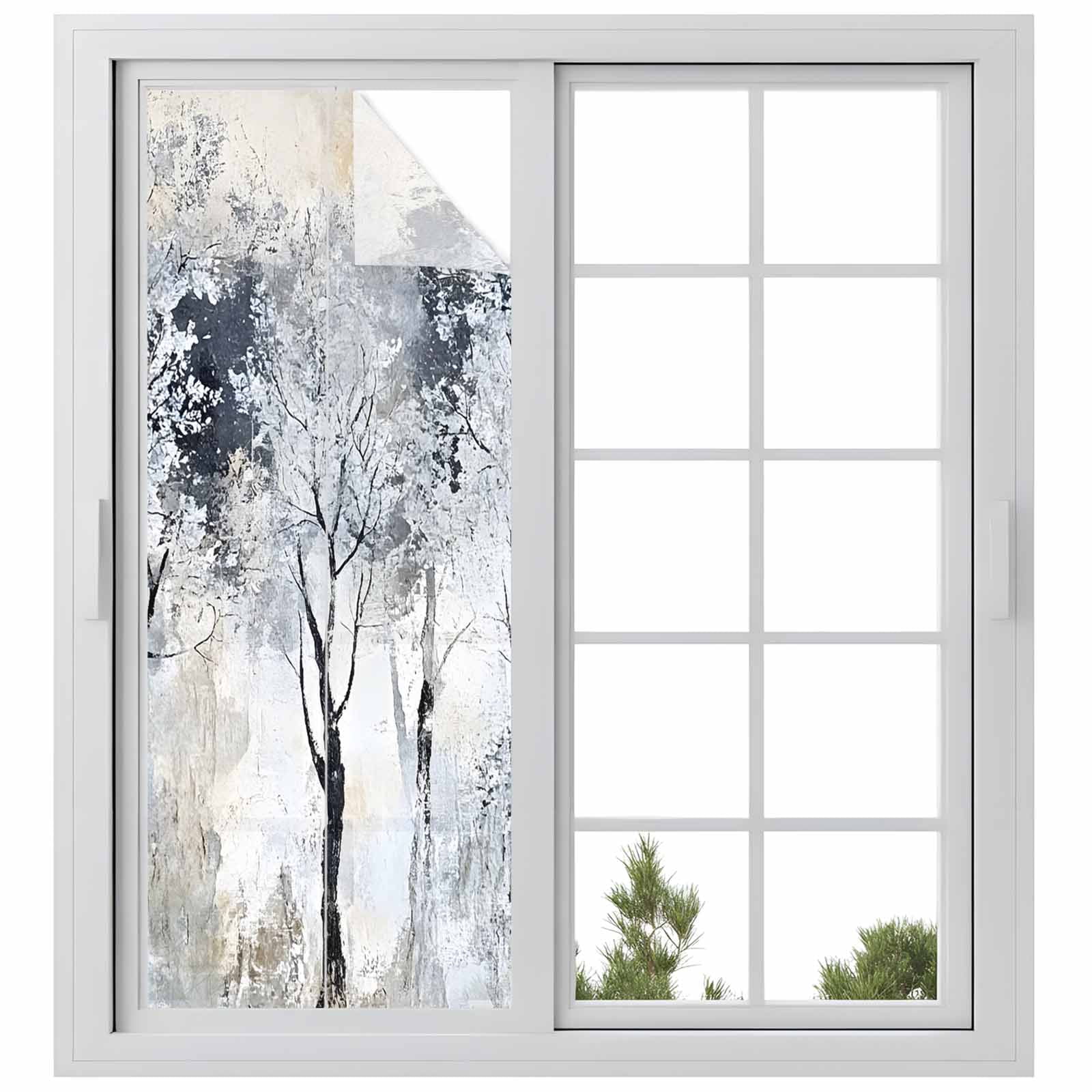 Grey Forest Window Privacy Film, Abstract Vintage Oil Painting Trees ...