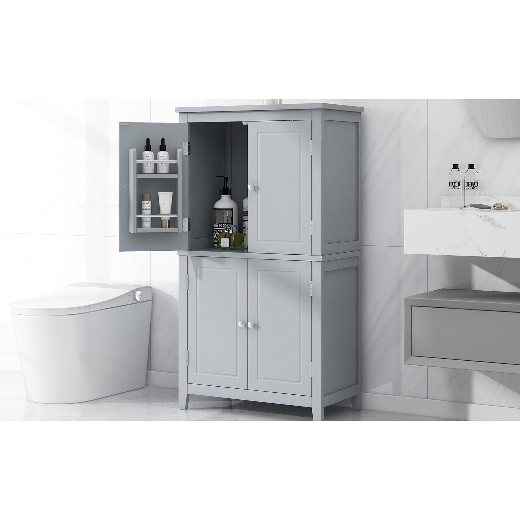 Grey Freestanding Cabinet for Bathroom | Ample Space for Cosmetics and ...