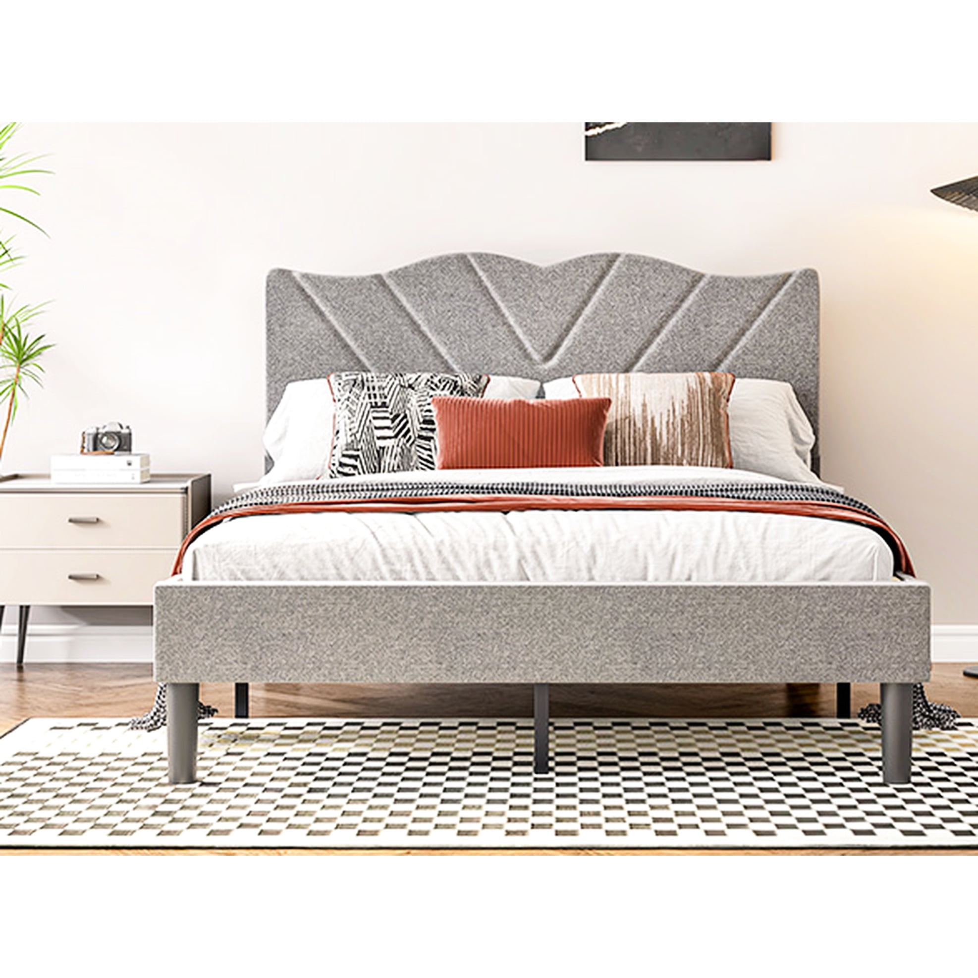 Grey Full Bed Frame With Upholstered Headboard & Wooden Slats - No Box ...