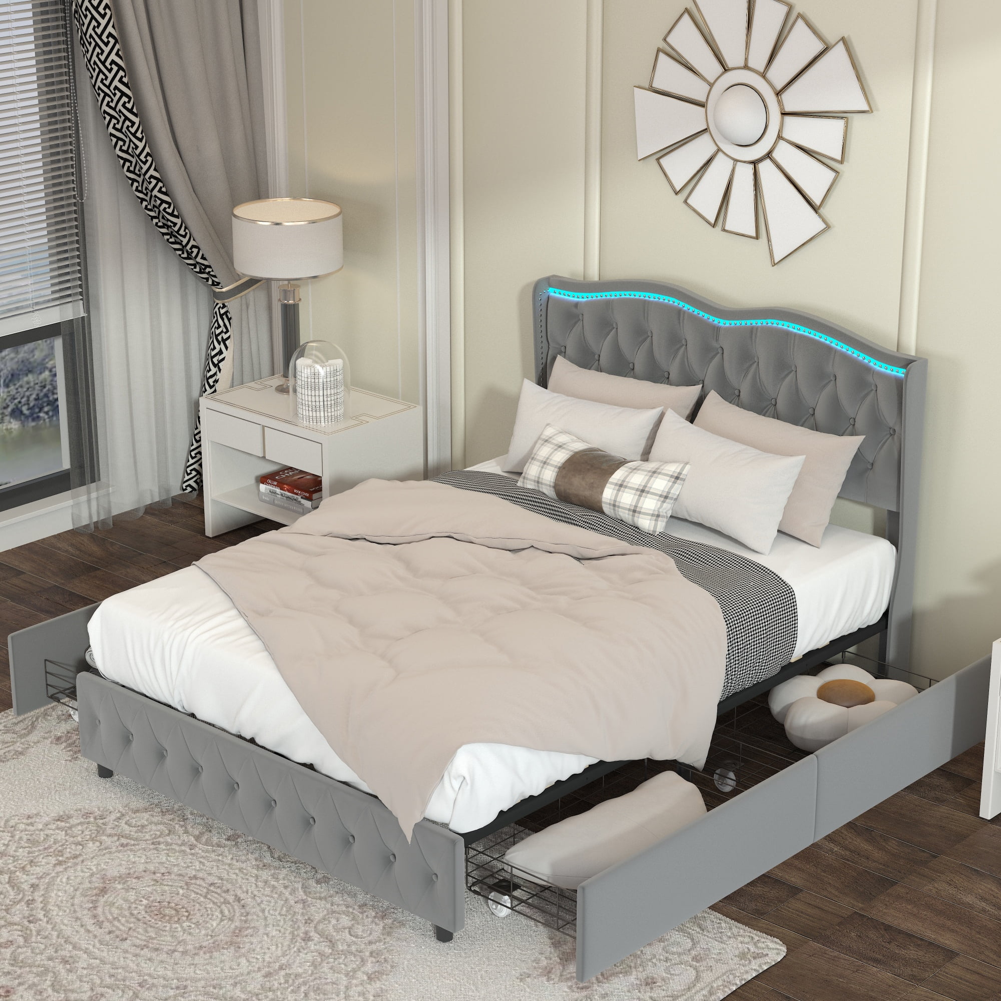 Grey Full Platform Bed Frame with Velvet Upholstery, Deep Tufted ...