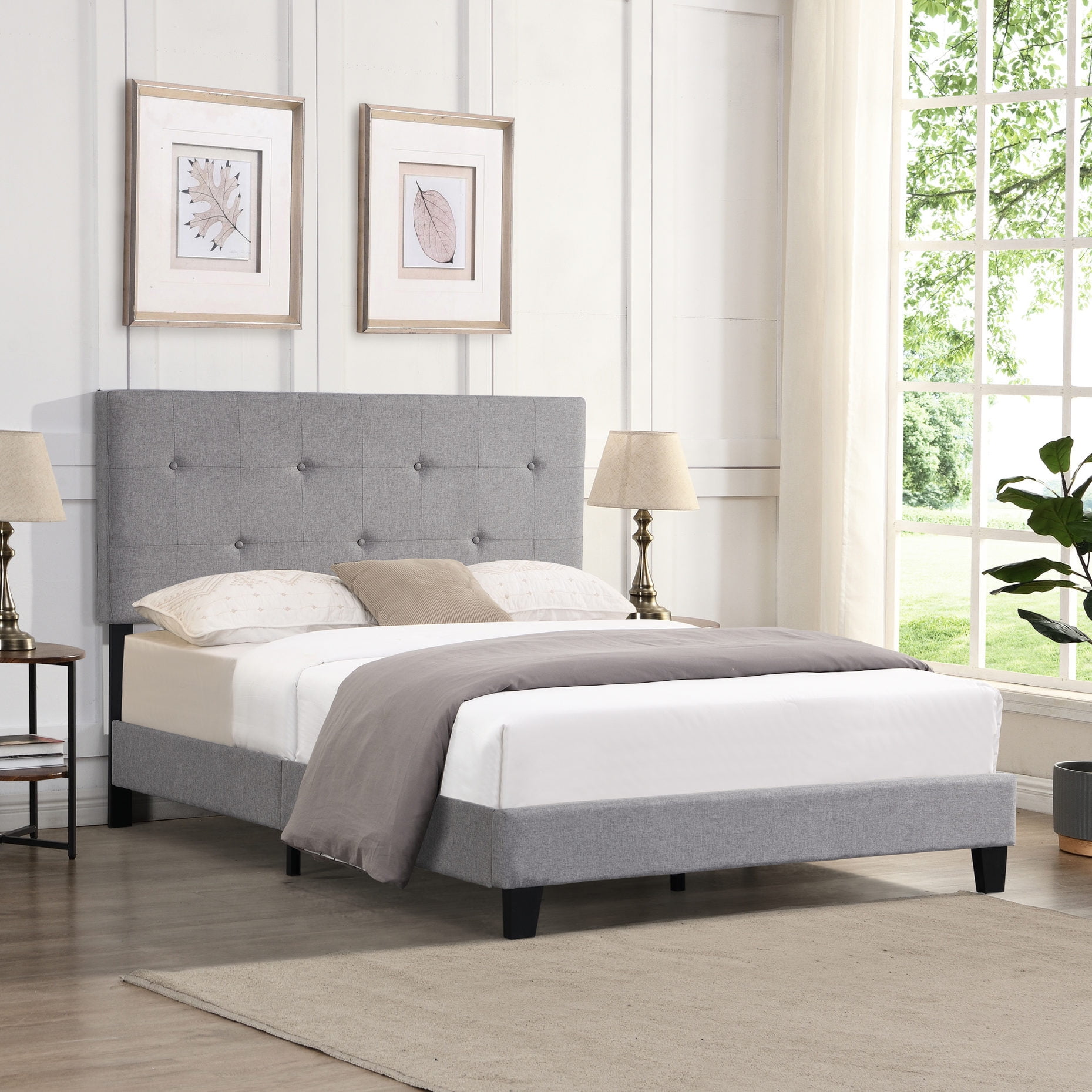 Grey Full Size Bed Frame With Contemporary Button Linen Headboard, No ...