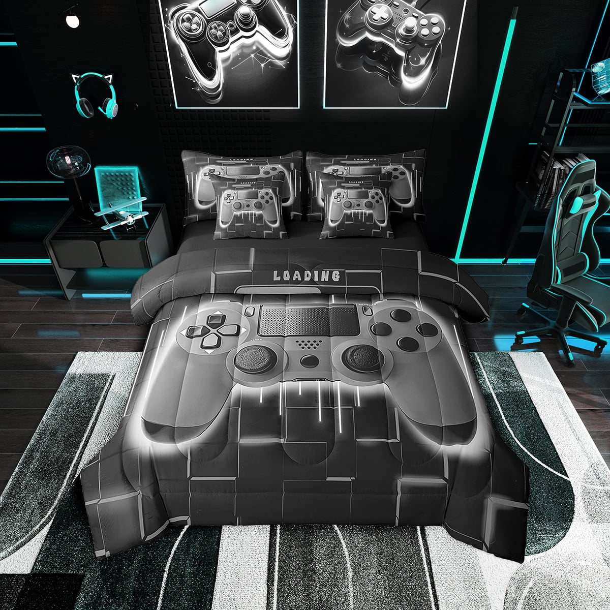Grey Gaming 7 Piece Comforter Set Full Bed in a Bag,Gamer Bedding Sets ...