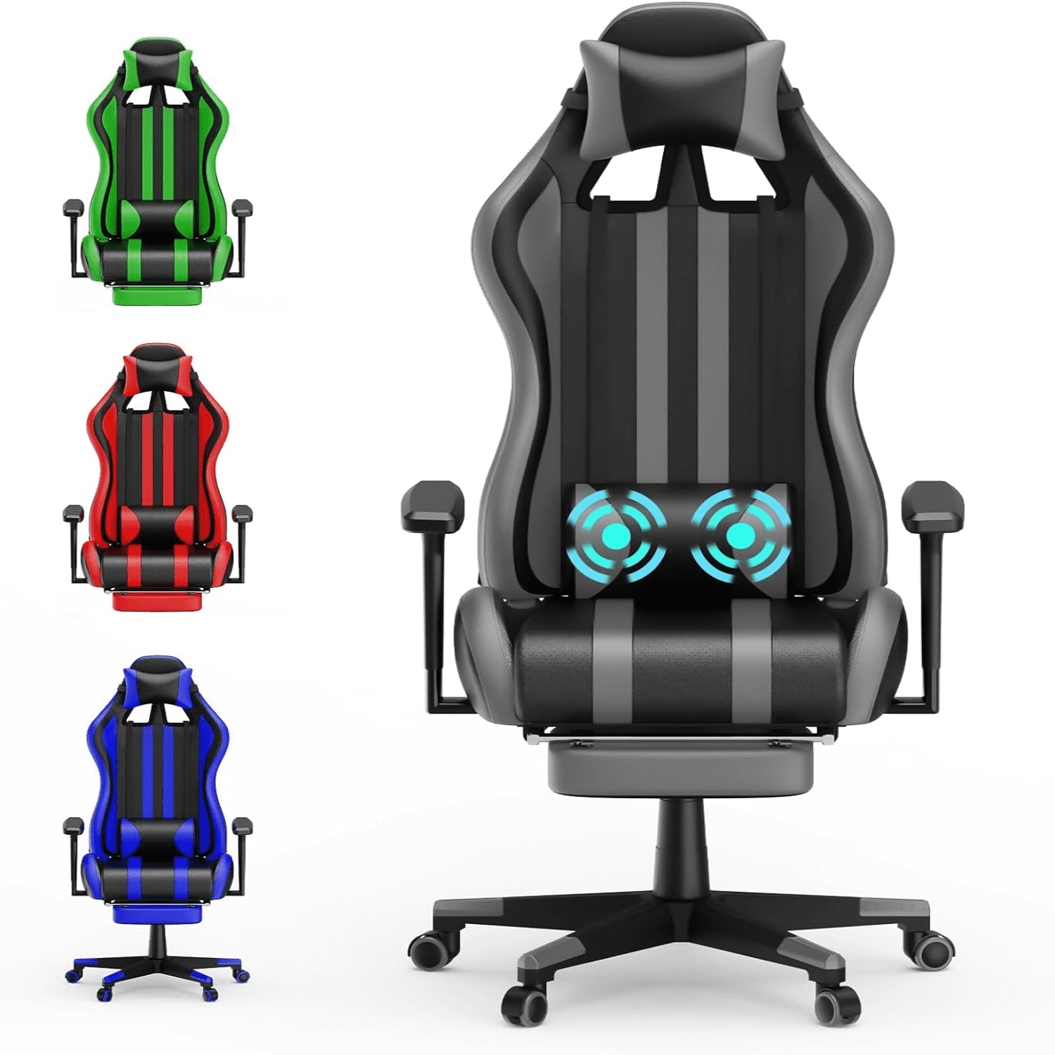 Grey Gaming Chair with Footrest Racing Ergonomic Massage Gaming Chairs ...