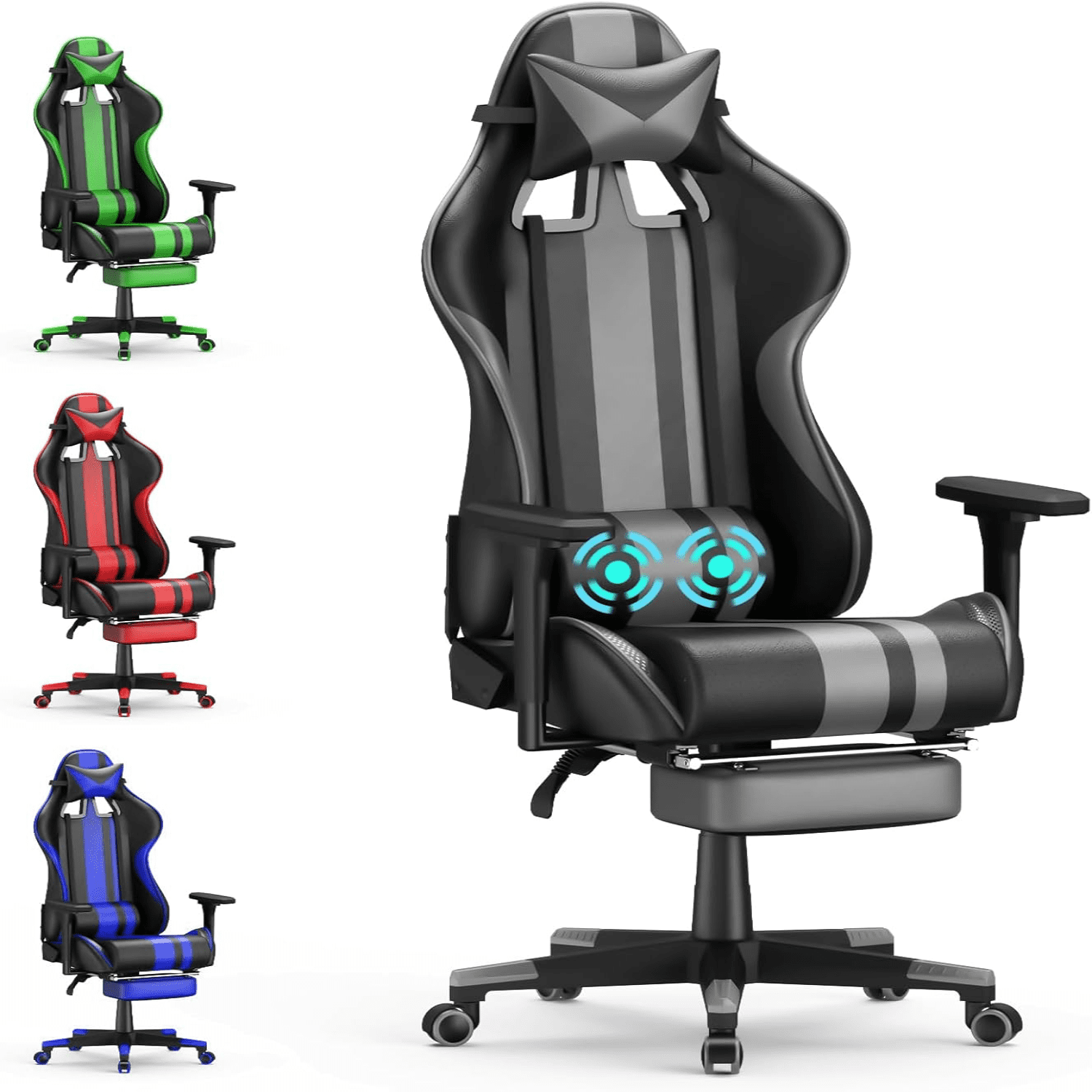 Grey Gaming Chair with Footrest Racing Ergonomic Massage Gaming Chairs ...