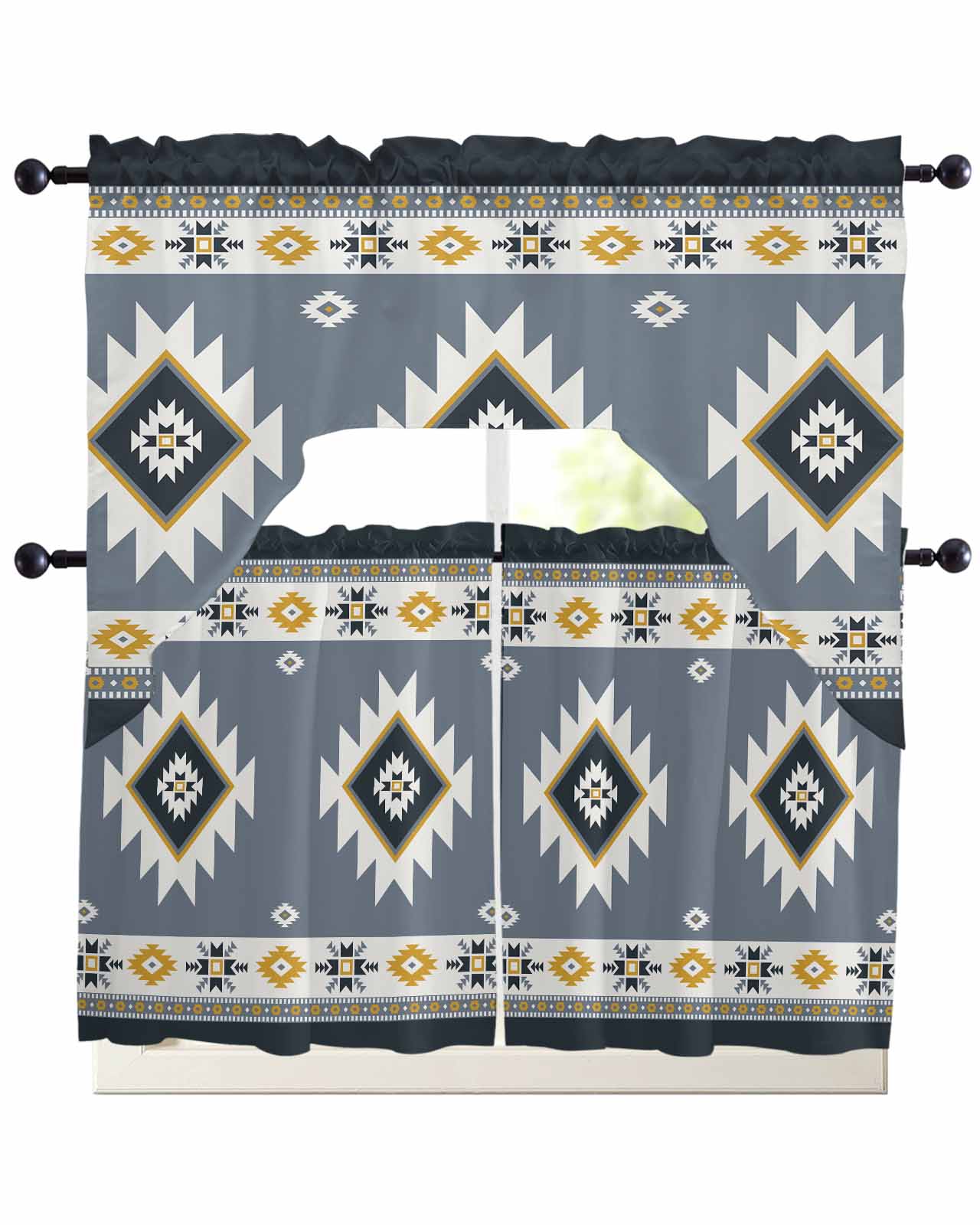 Grey Geometric Kitchen Curtains Sets 24 Inch Length with Valance, Boho ...