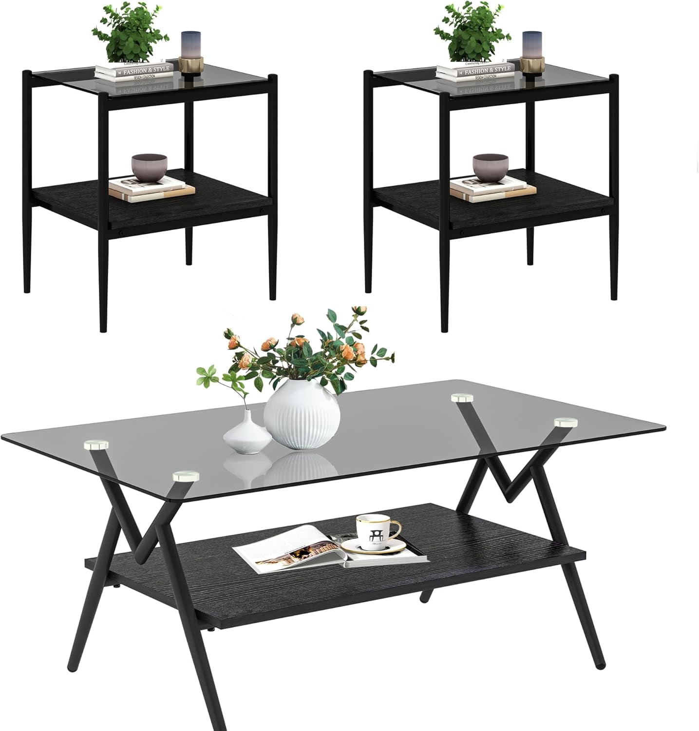 Grey Glass Coffee Table Sets of 3 Modern Living Room Table Set End ...