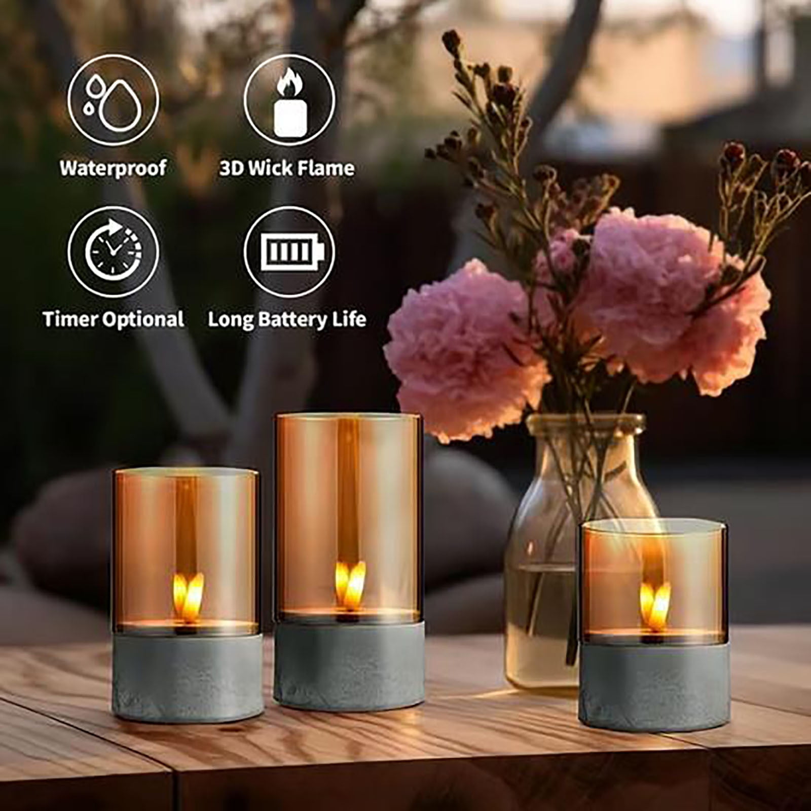 Grey Glass Flameless Candles, Battery Operated LED Pillar Candles with ...