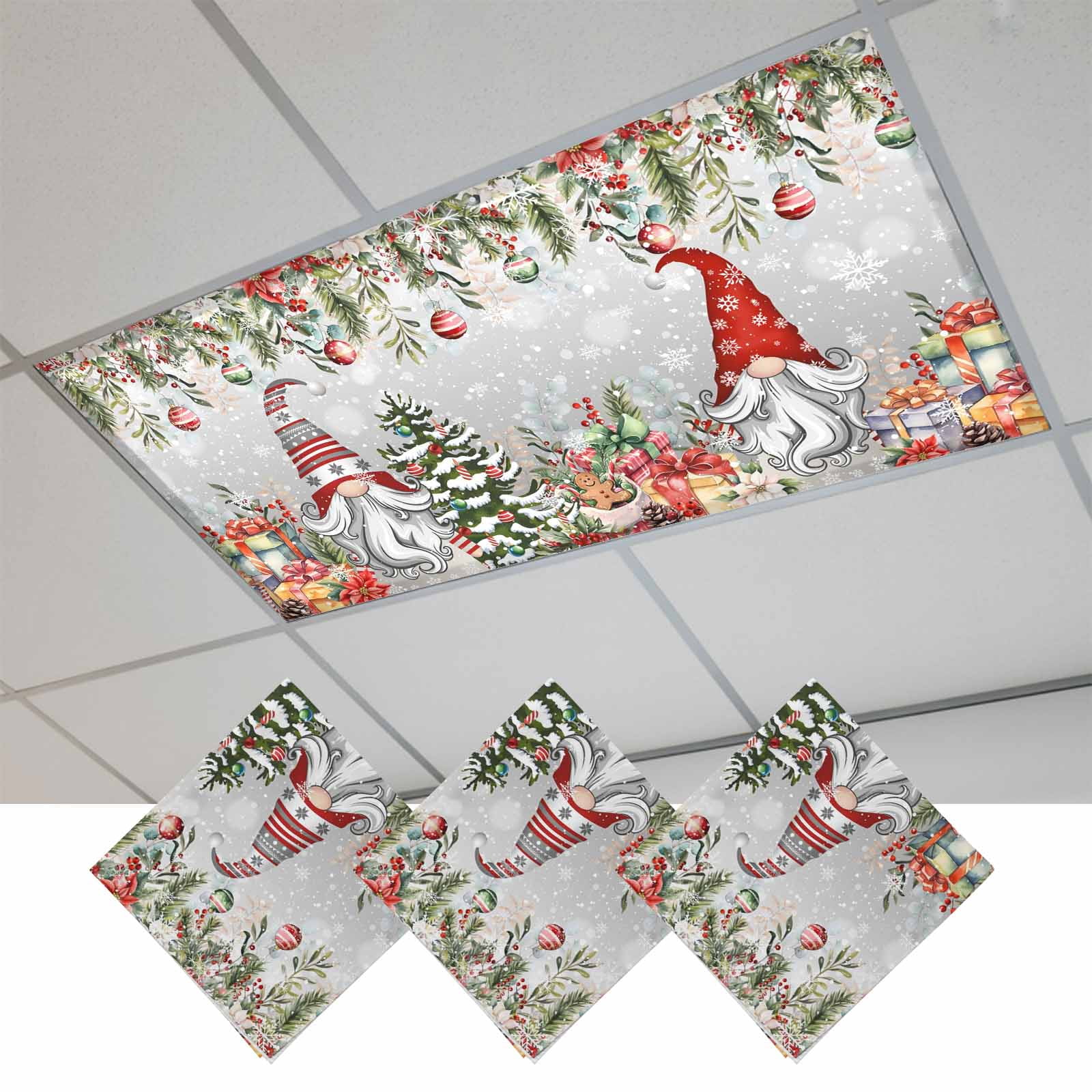 Grey Gnomes Christmas Fluorescent Light Covers, Red Xmas Balls ...