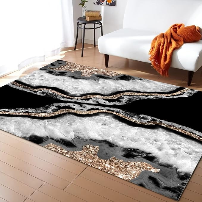 Grey Gold Black Marble Texture Area Rug, Modern Gradient Printed Rugs ...